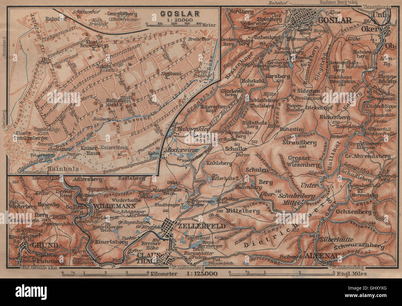 GOSLAR town city stadtplan. Clausthal-Zellerfeld OBERHARZ mountains ...