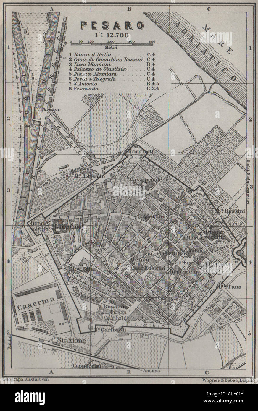 PESARO antique town city plan piano urbanistico. Italy mappa. BAEDEKER ...