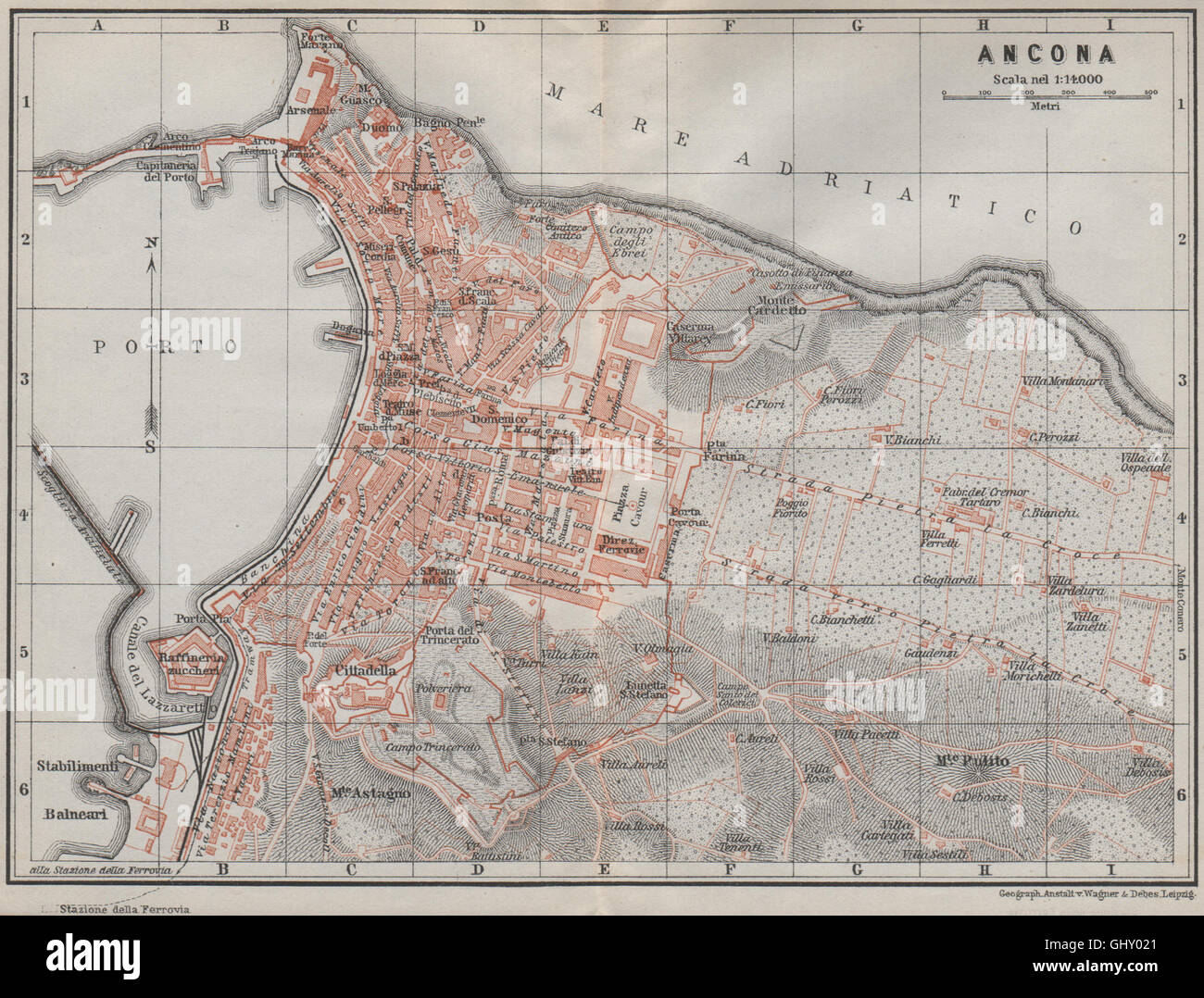 ANCONA antique town city plan piano urbanistico. Italy mappa. BAEDEKER ...