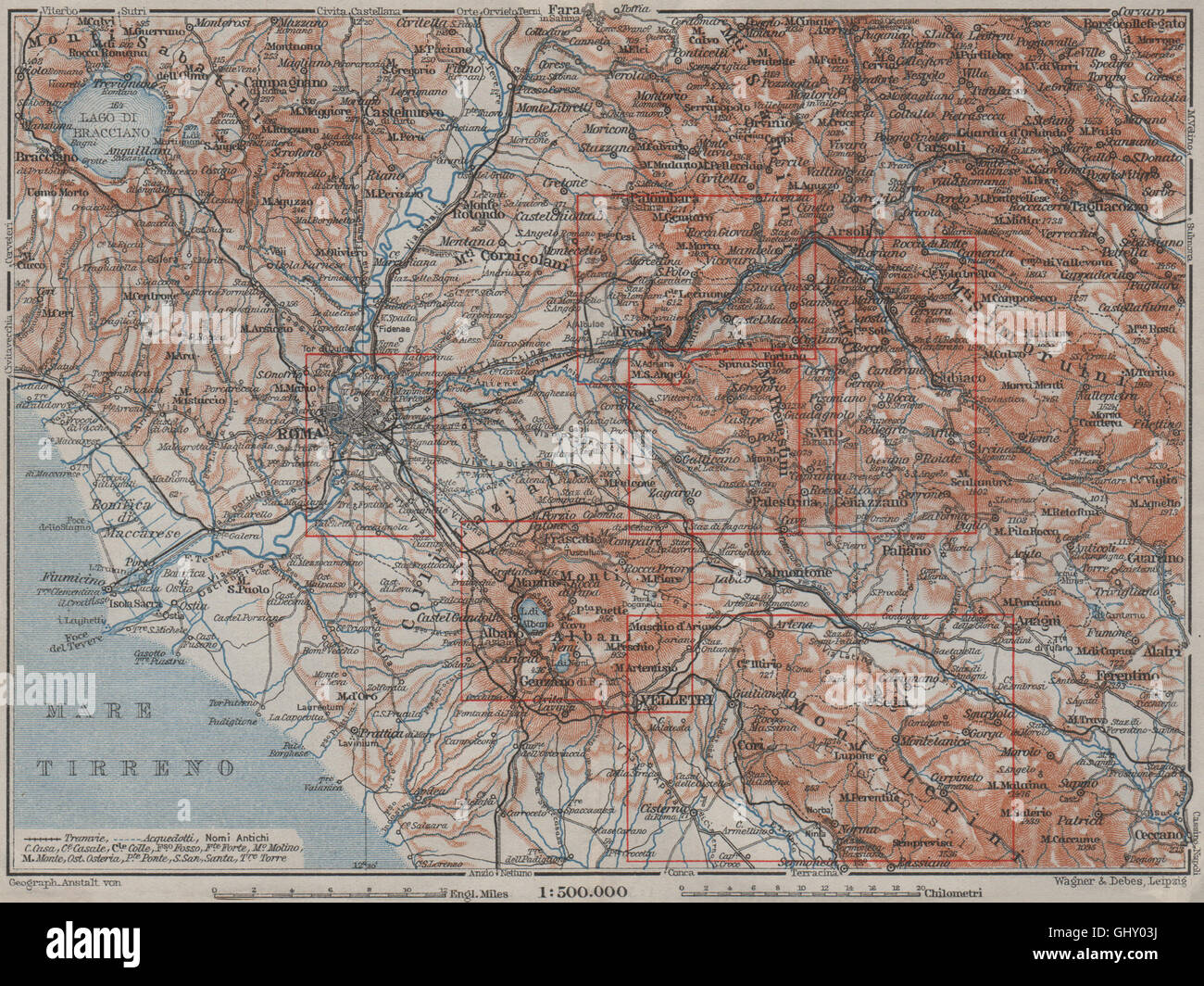ROMA ROME environs key plan. Latium. topo-map mappa. BAEDEKER, 1909 ...
