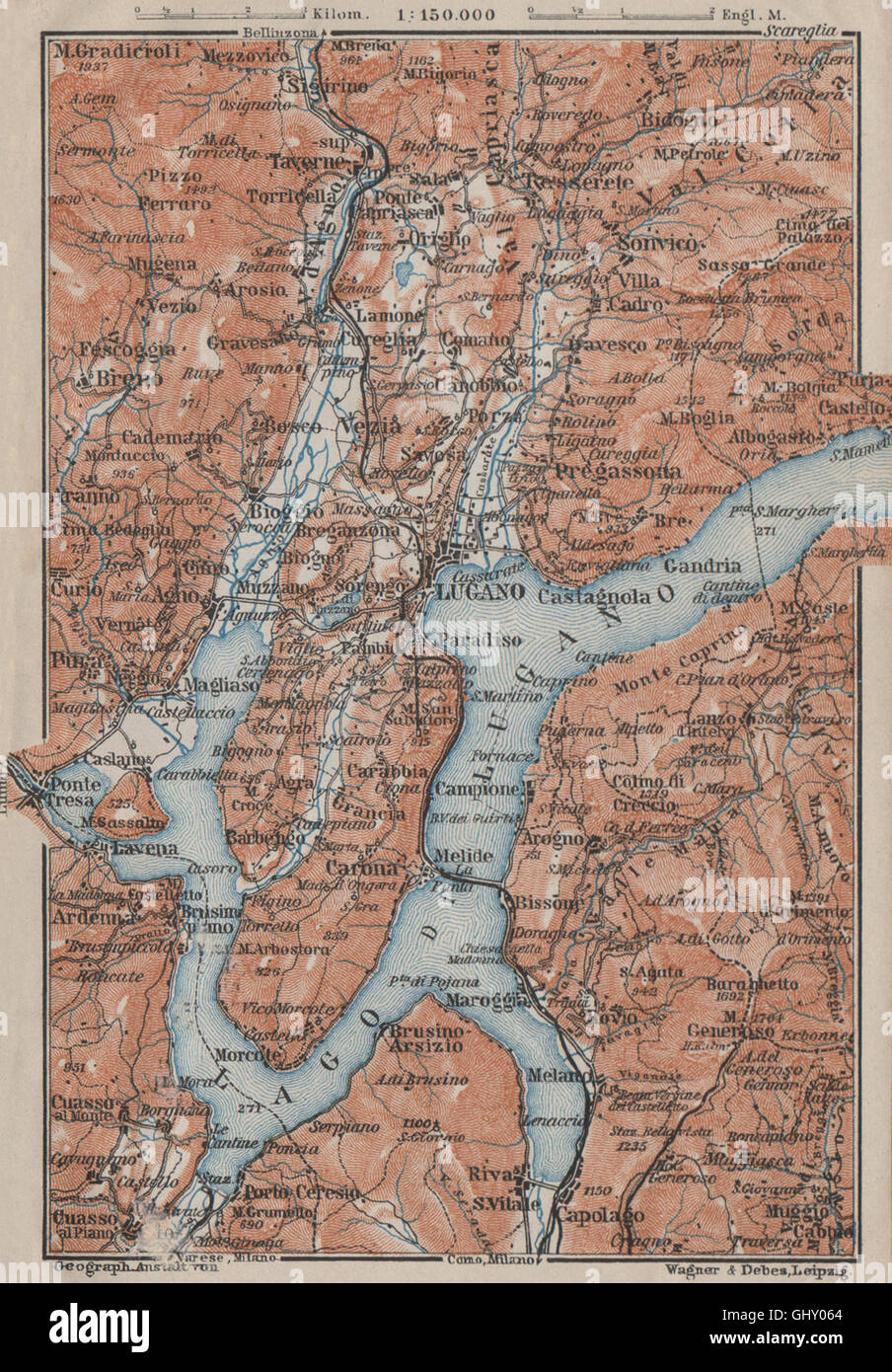LAKE/Lago di LUGANO topo-map. Switzerland Italy Italia carte karte ...