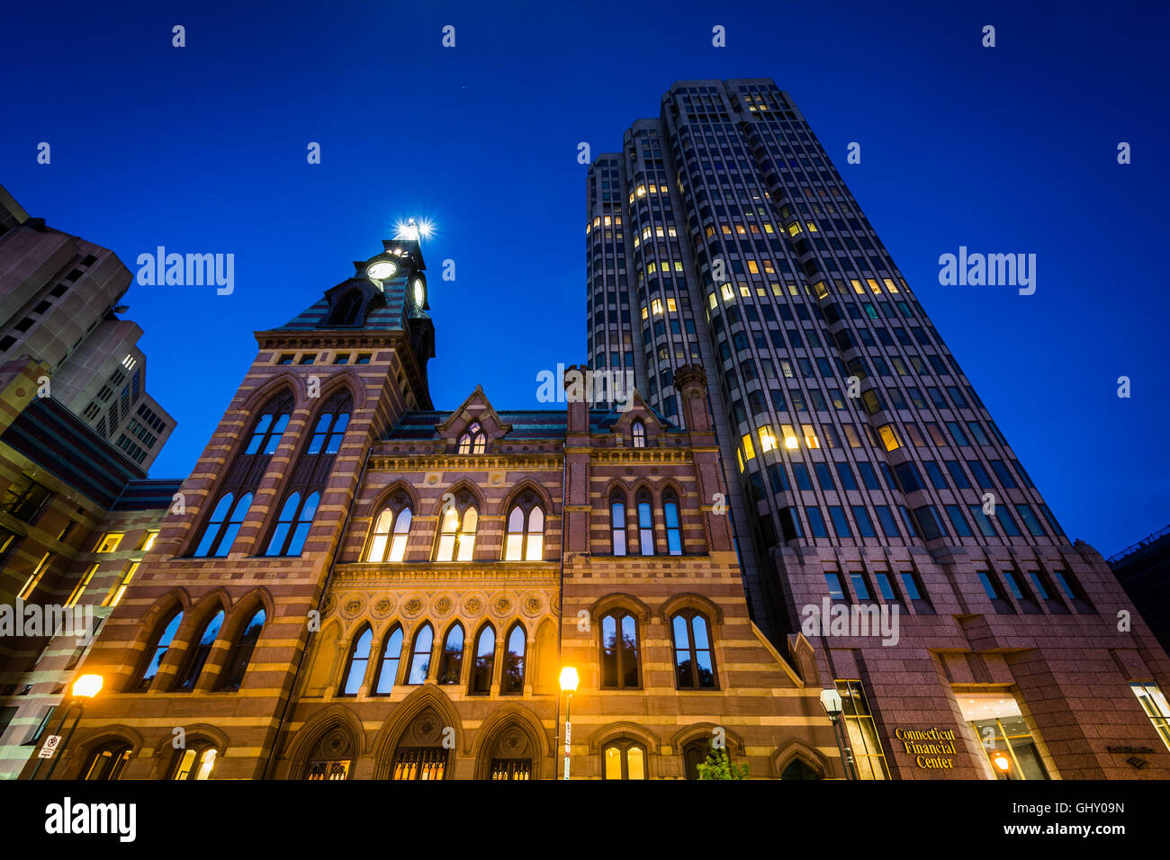 City Hall and the Connecticut Financial Center at night, in downtown ...