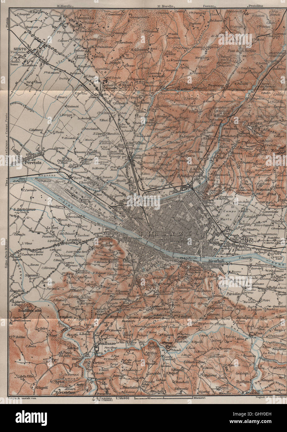 FLORENCE FIRENZE environs. Galluzzo Fiesole. Italy mappa. BAEDEKER ...