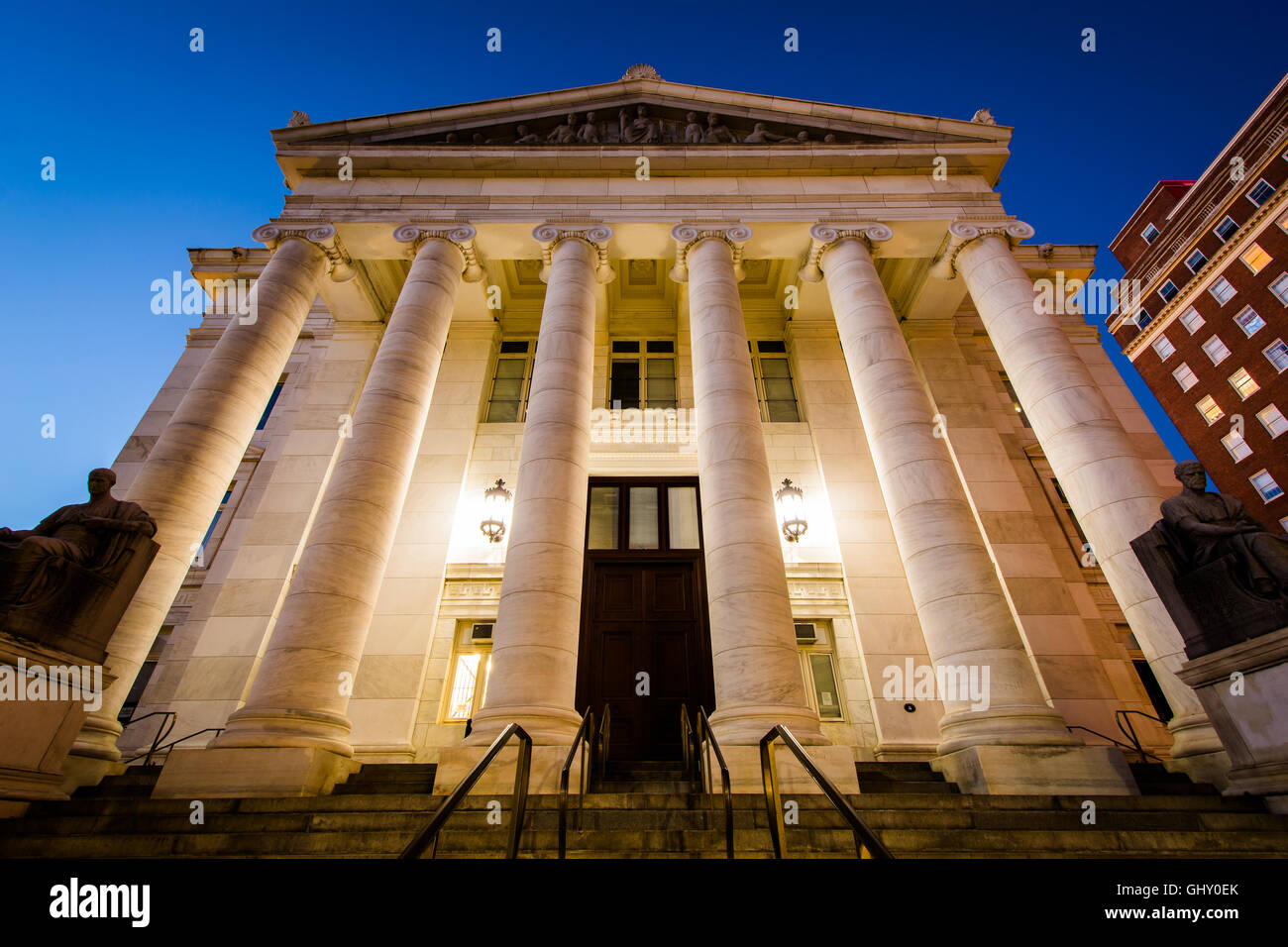 The New Haven County Courthouse at night, in downtown New Haven ...