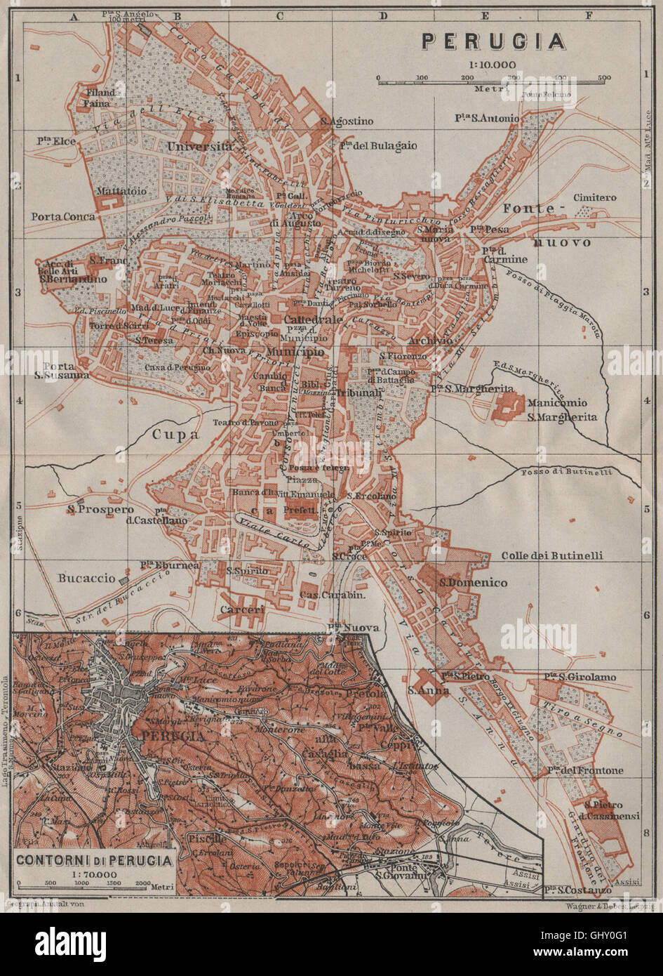 PERUGIA antique town city plan & environs/contorni. Italy Italia mappa ...