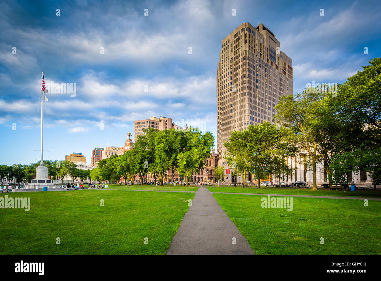 Walkway at the New Haven Green and buildings in downtown, in New Haven ...