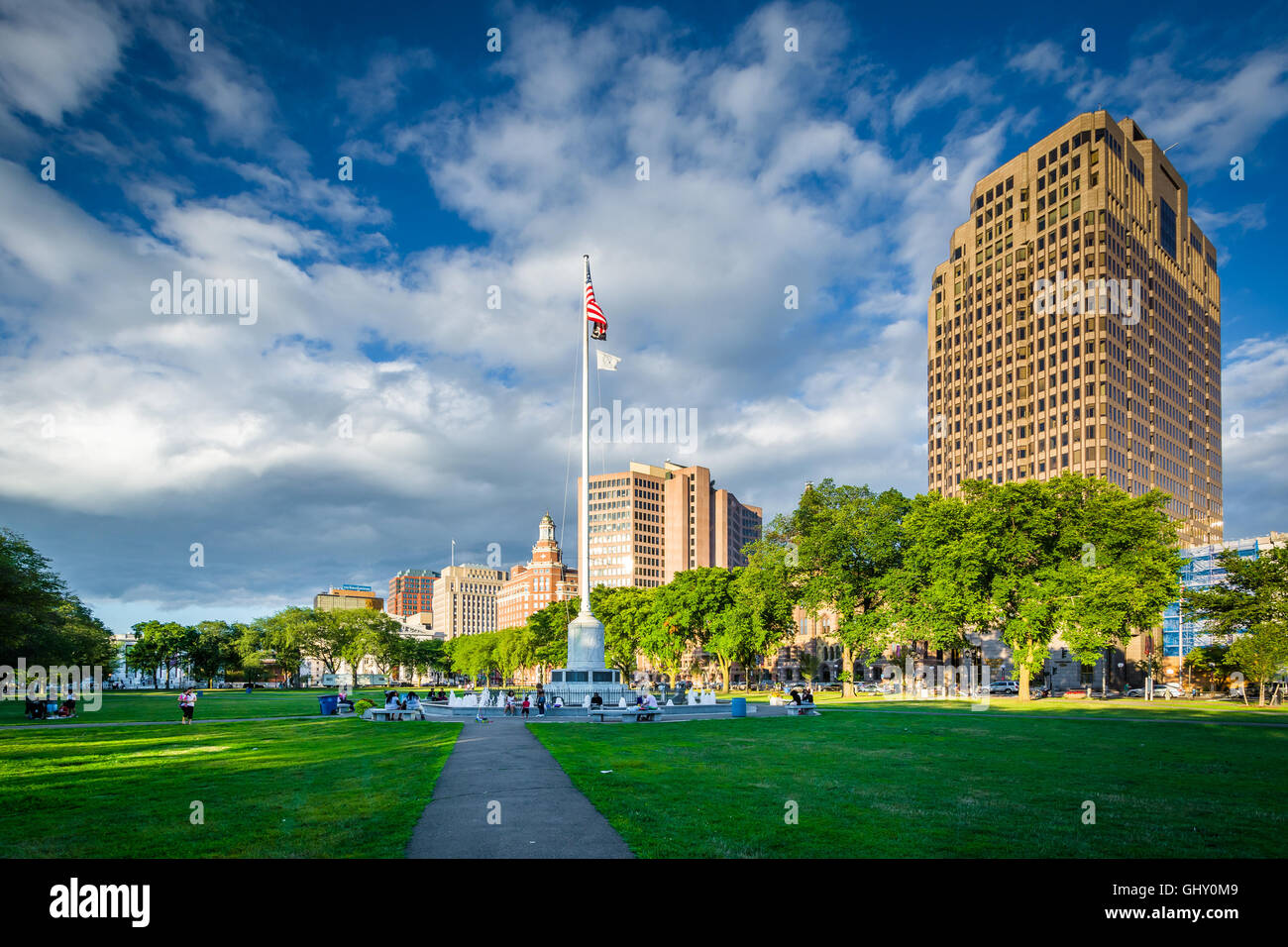 Walkways at the New Haven Green and buildings in downtown, in New Haven ...