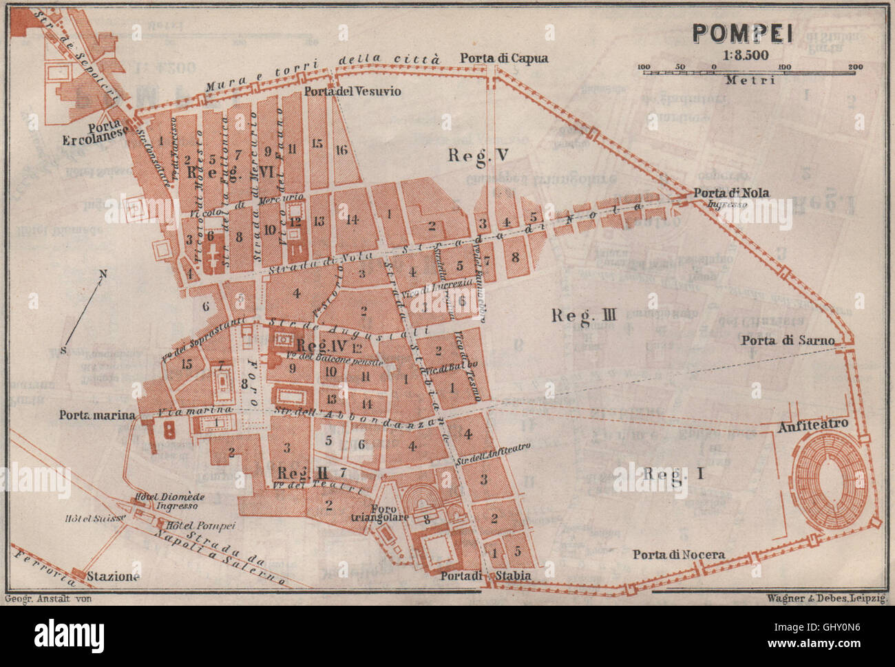 POMPEII antique town city plan piano urbanistico (2). Italy mappa, 1909 ...