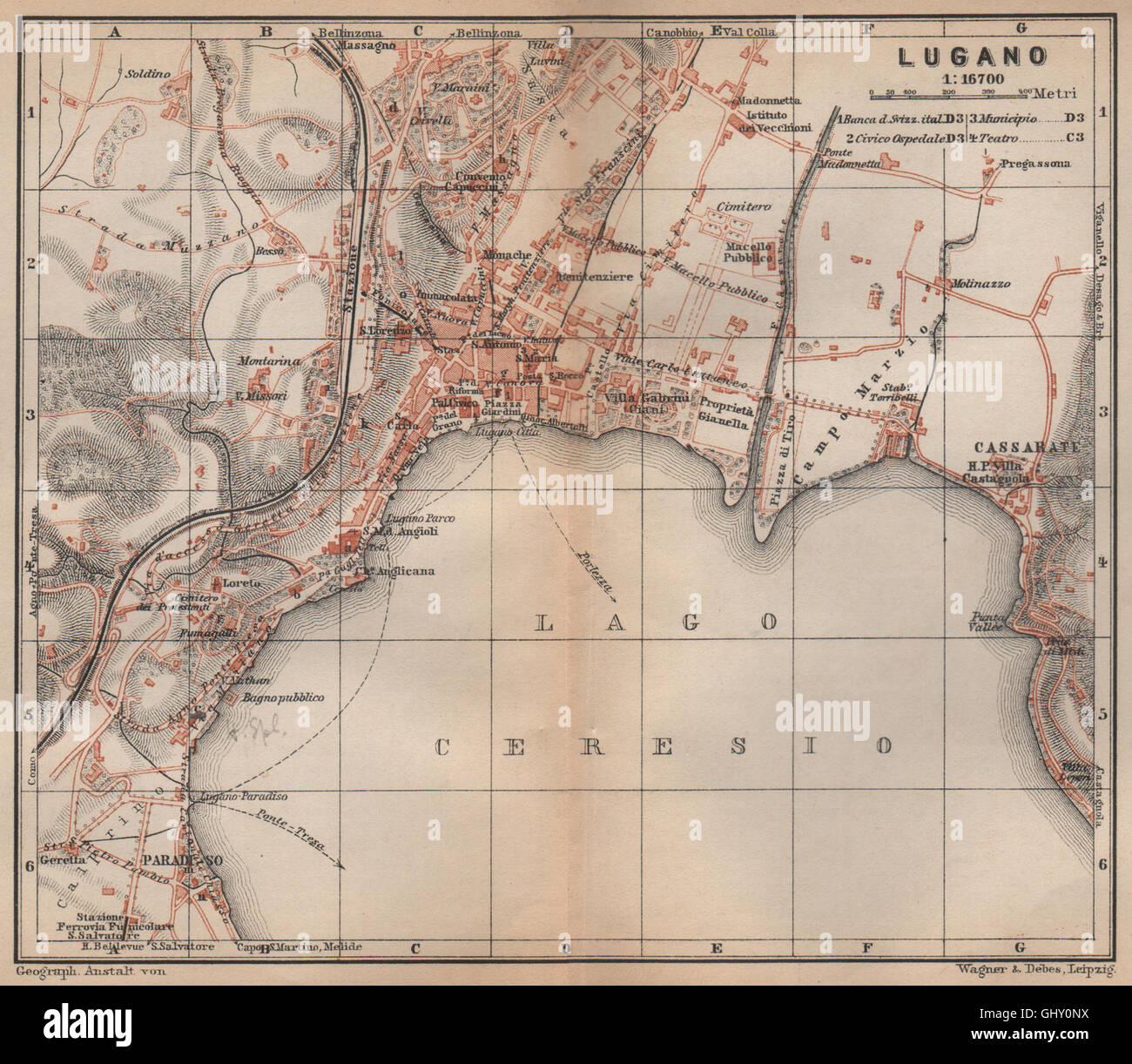 LUGANO antique town city stadtplan. Switzerland carte karte. BAEDEKER ...