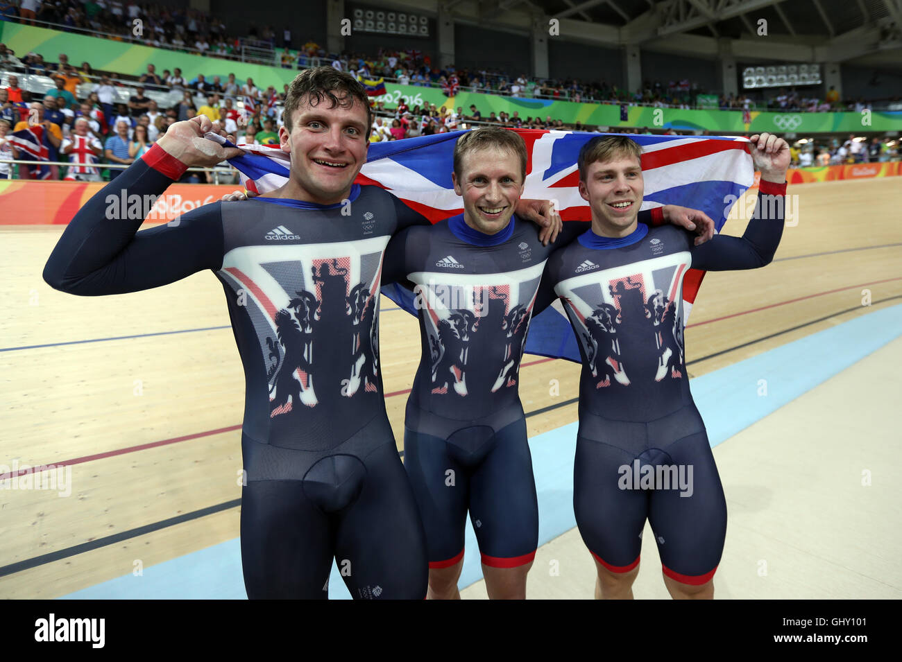 Great Britain's Callum Skinner, Jason Kenny and Philip Hindes celebrate ...