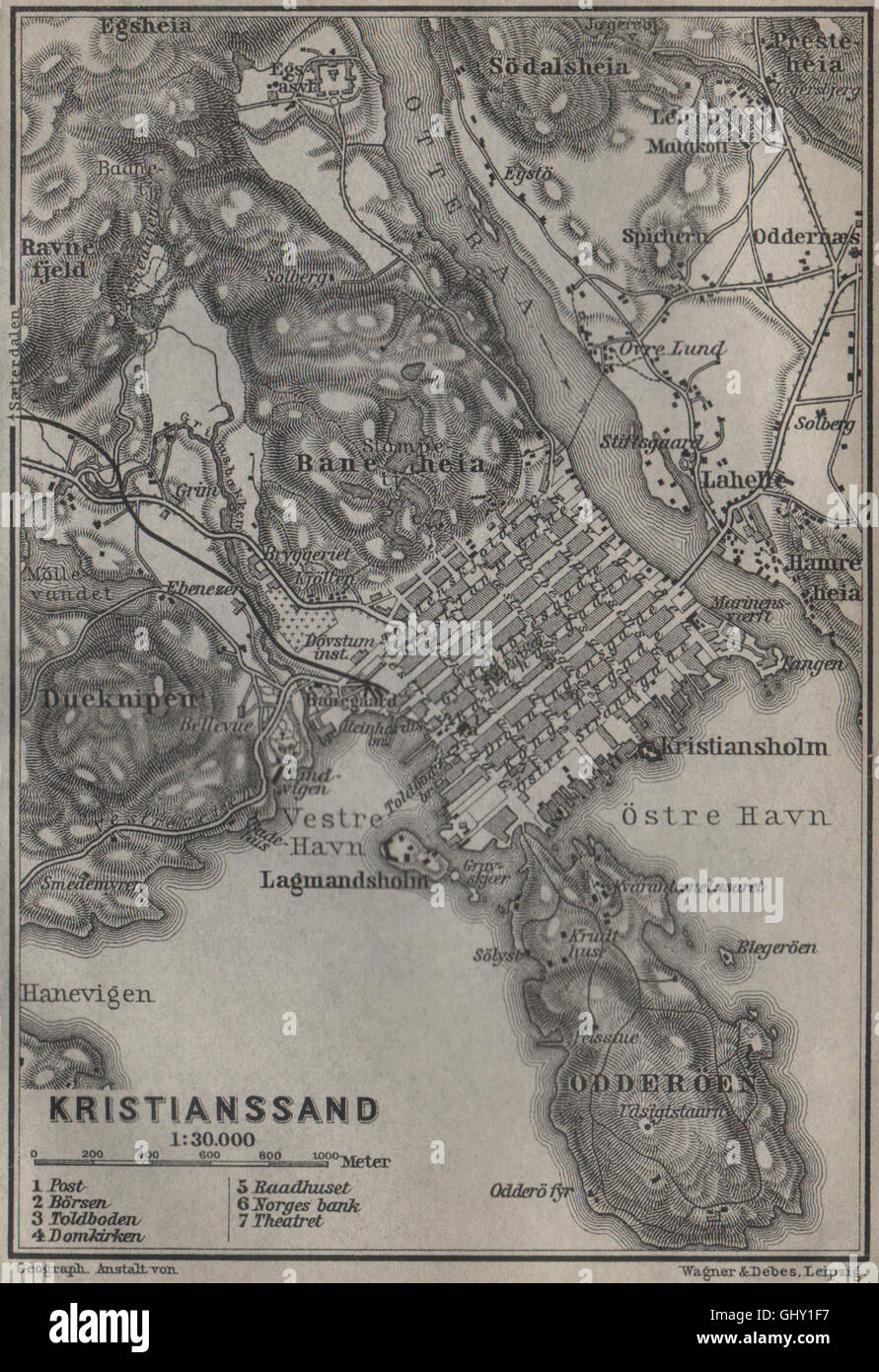 KRISTIANSAND antique town city byplan. Norway kart. BAEDEKER, 1912 ...