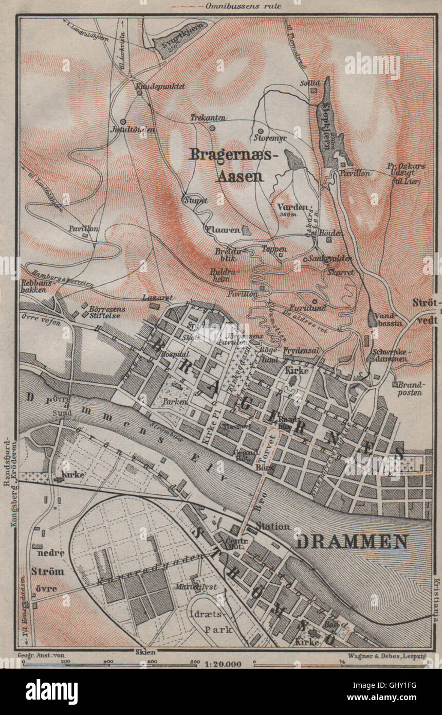 DRAMMEN antique town city byplan. Norway kart. BAEDEKER, 1912 antique ...