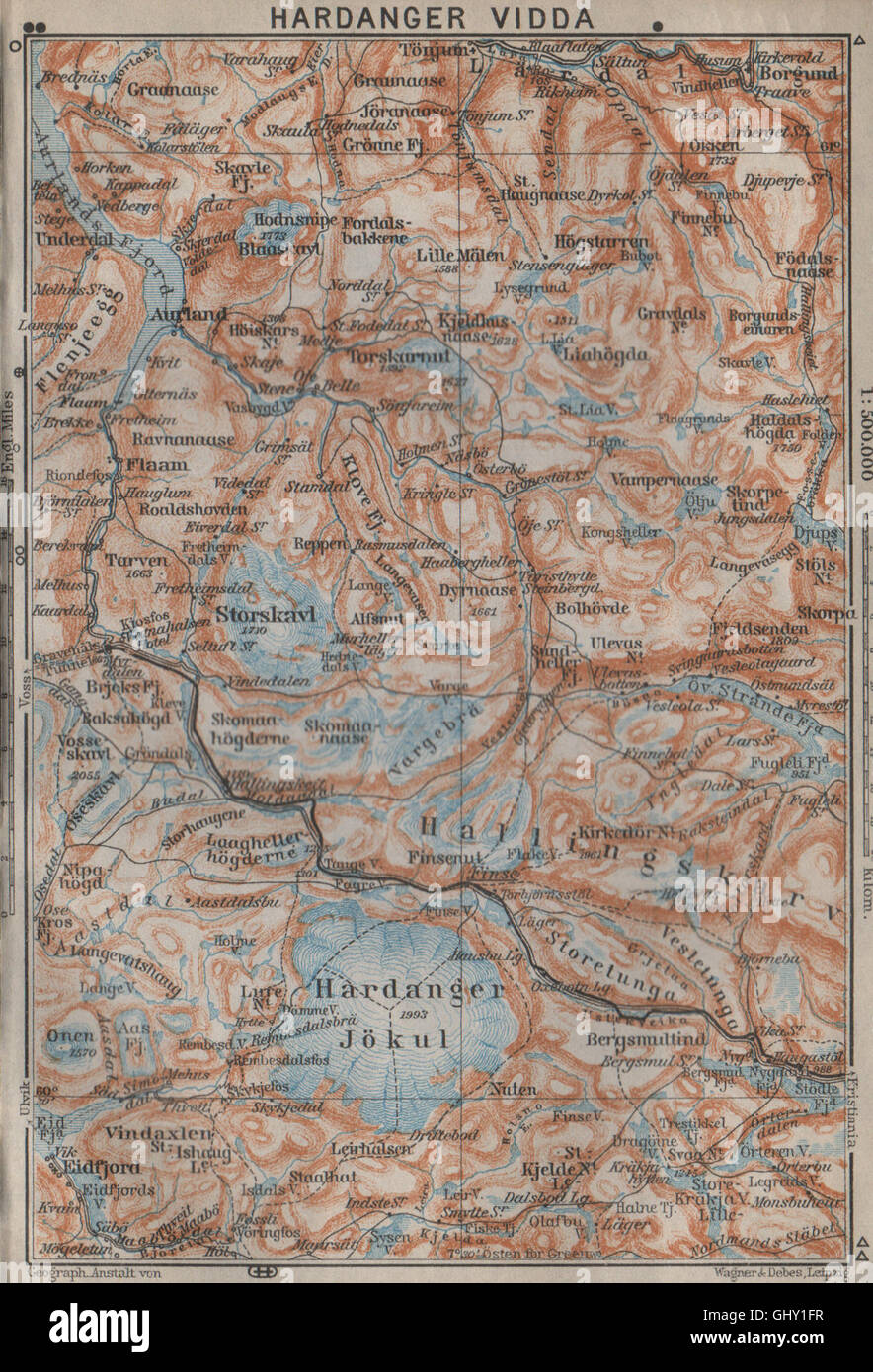 HARDANGERVIDDA. Hardangerjokulen. Topo-map. Norway kart. BAEDEKER, 1912 ...