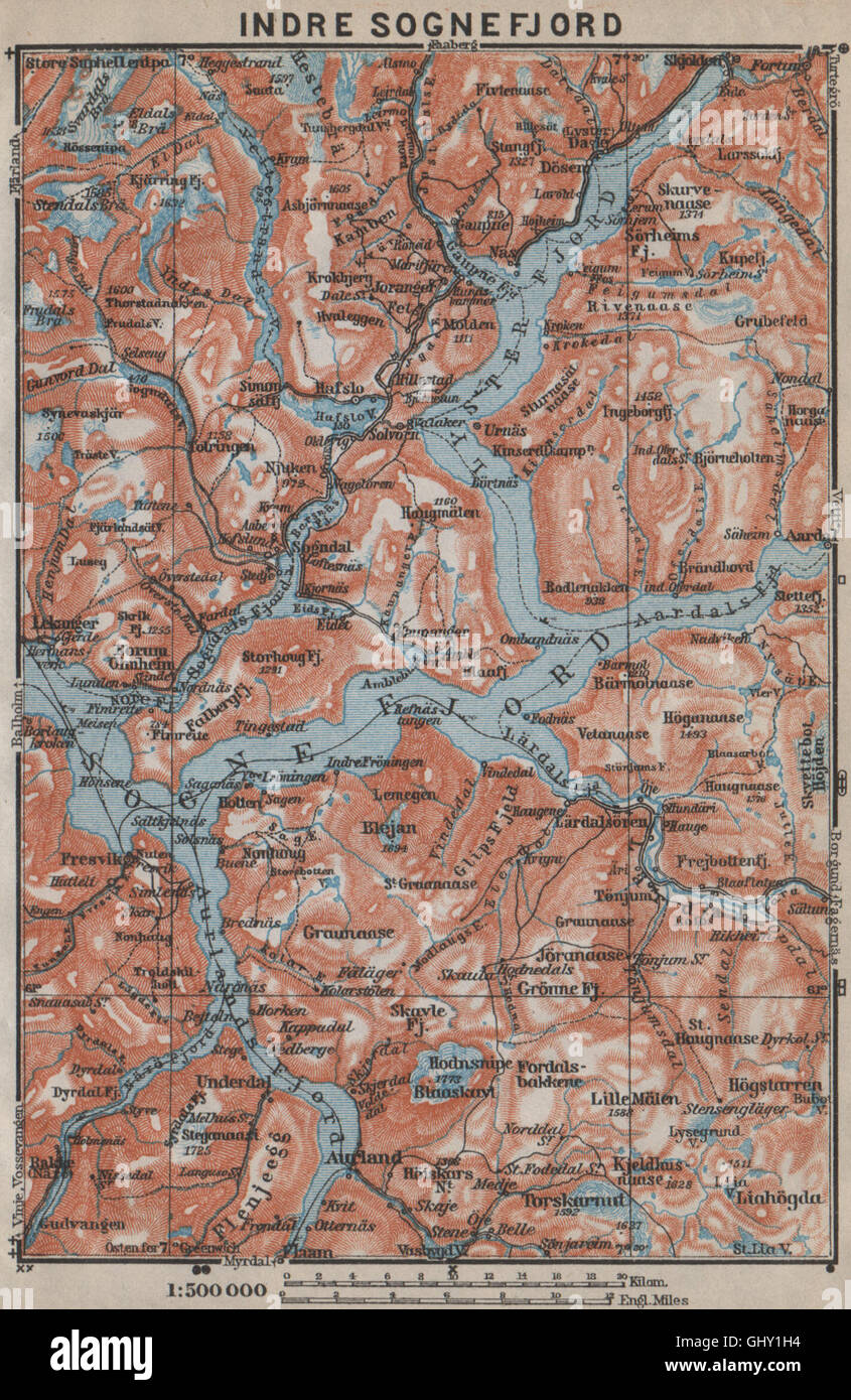 INNER SOGNEFJORD topo-map. Gaupne Luster Ardalstangen. Norway kart ...