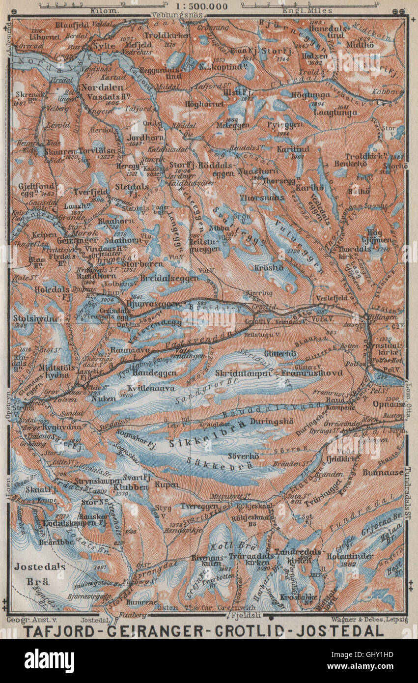 Geiranger Polfos Tafjord Jostedal Grotli Topo-map. Norway kart, 1912 ...