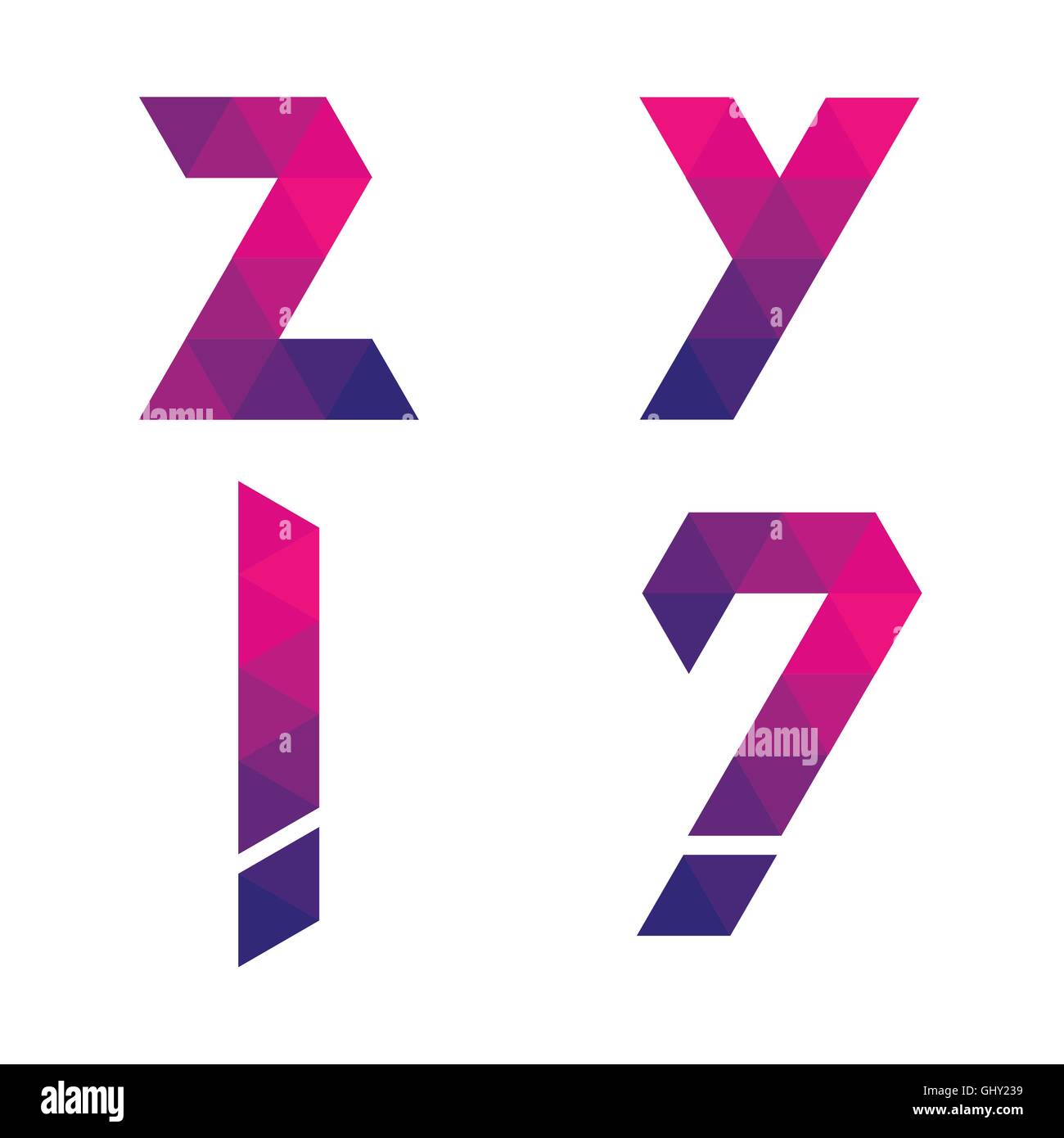 Series of letters y, z, exclamation and question mark formed by colored ...