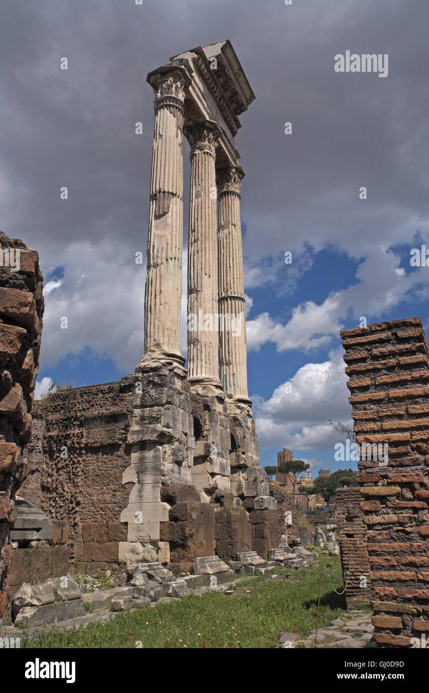 Three columns and view north over the Roman Forum area, Rome, Italy ...