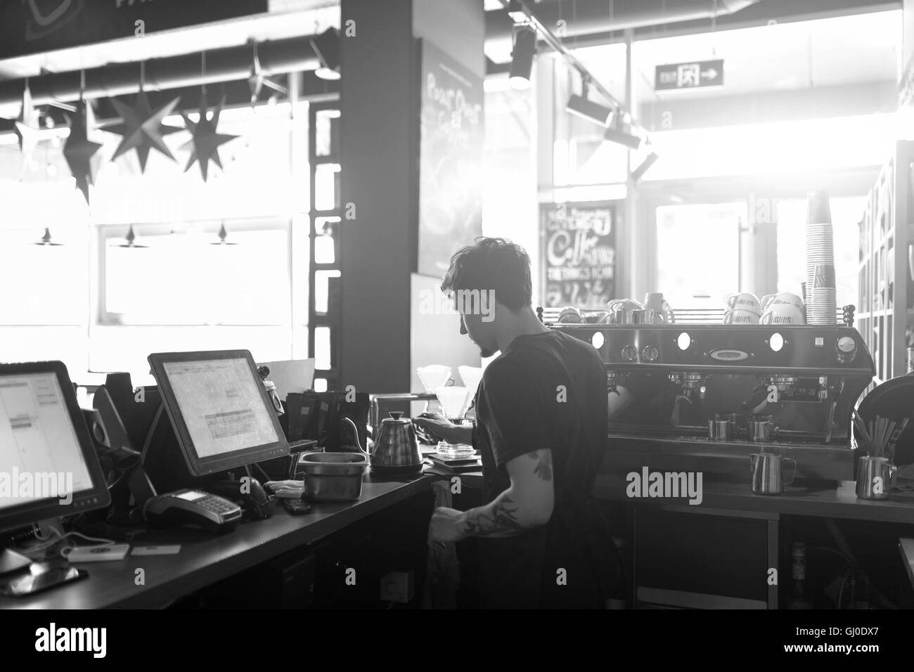 Business barista man in Black and White Stock Photos & Images - Alamy