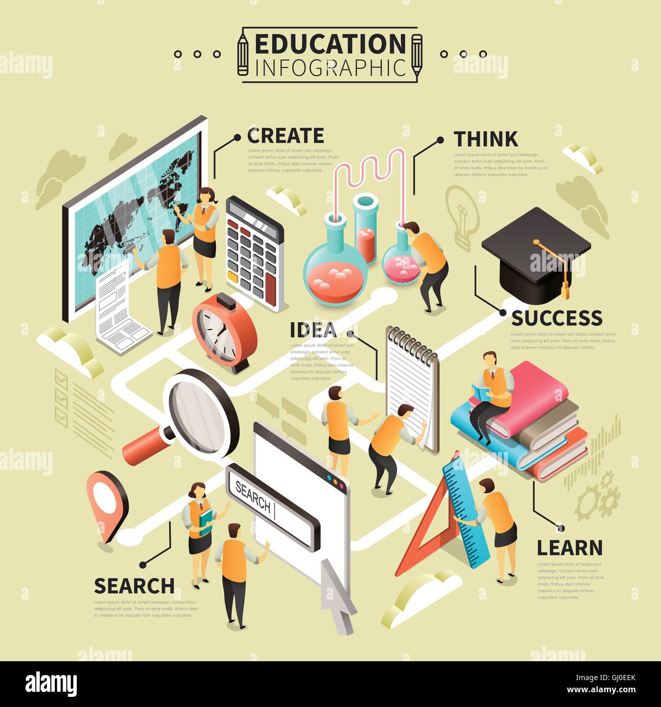 Education 3d isometric flat design with stationery and graduation hat ...
