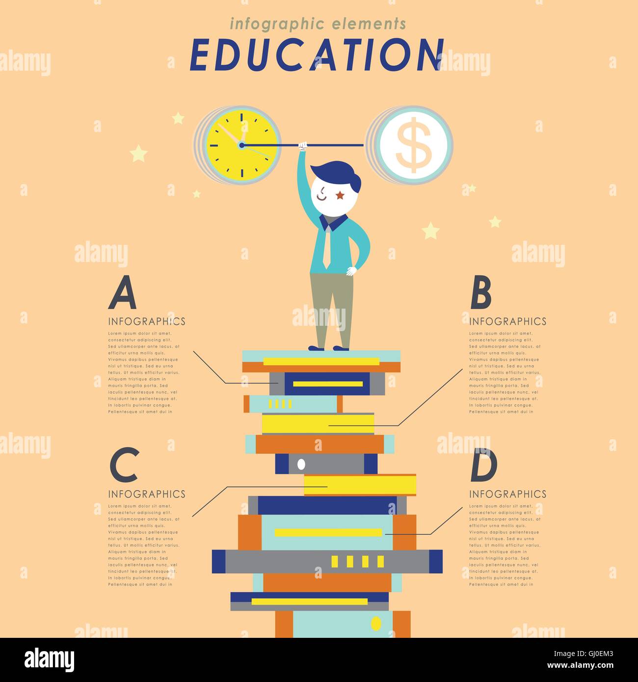 Education concept flat design with a student stands on piles of book ...