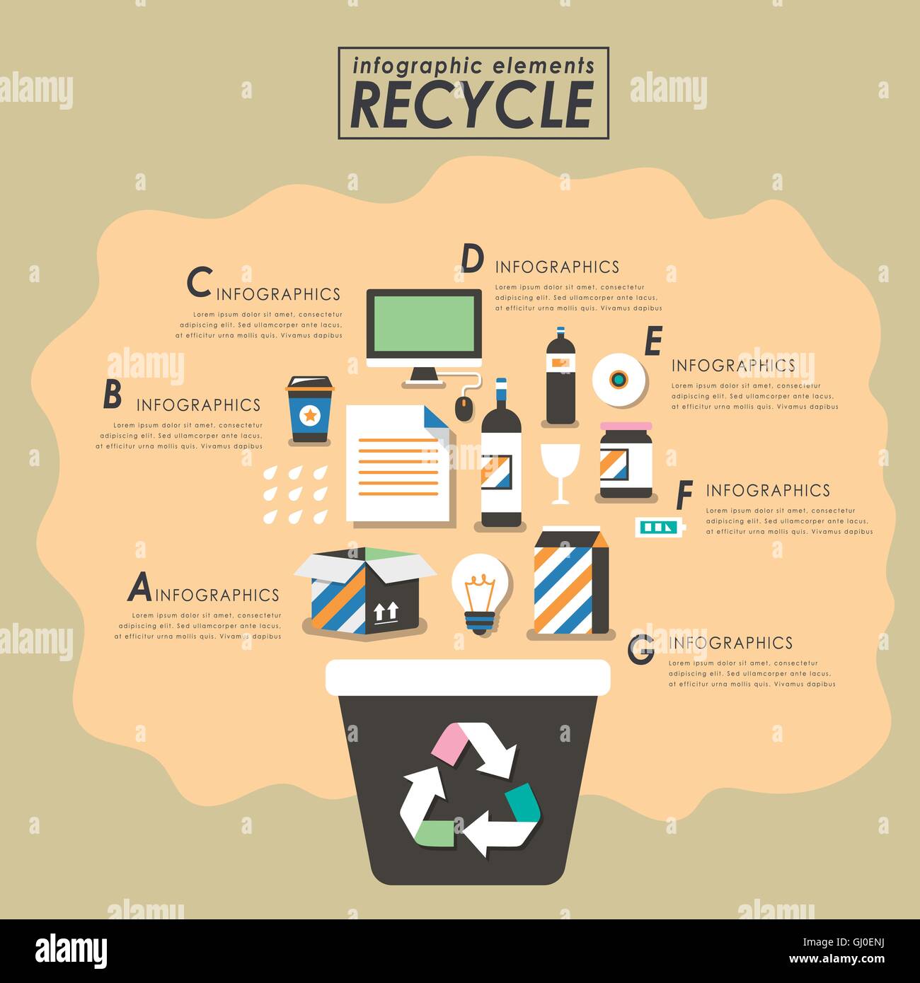 Recycling flat design with a recycle bin and recyclable materials Stock ...