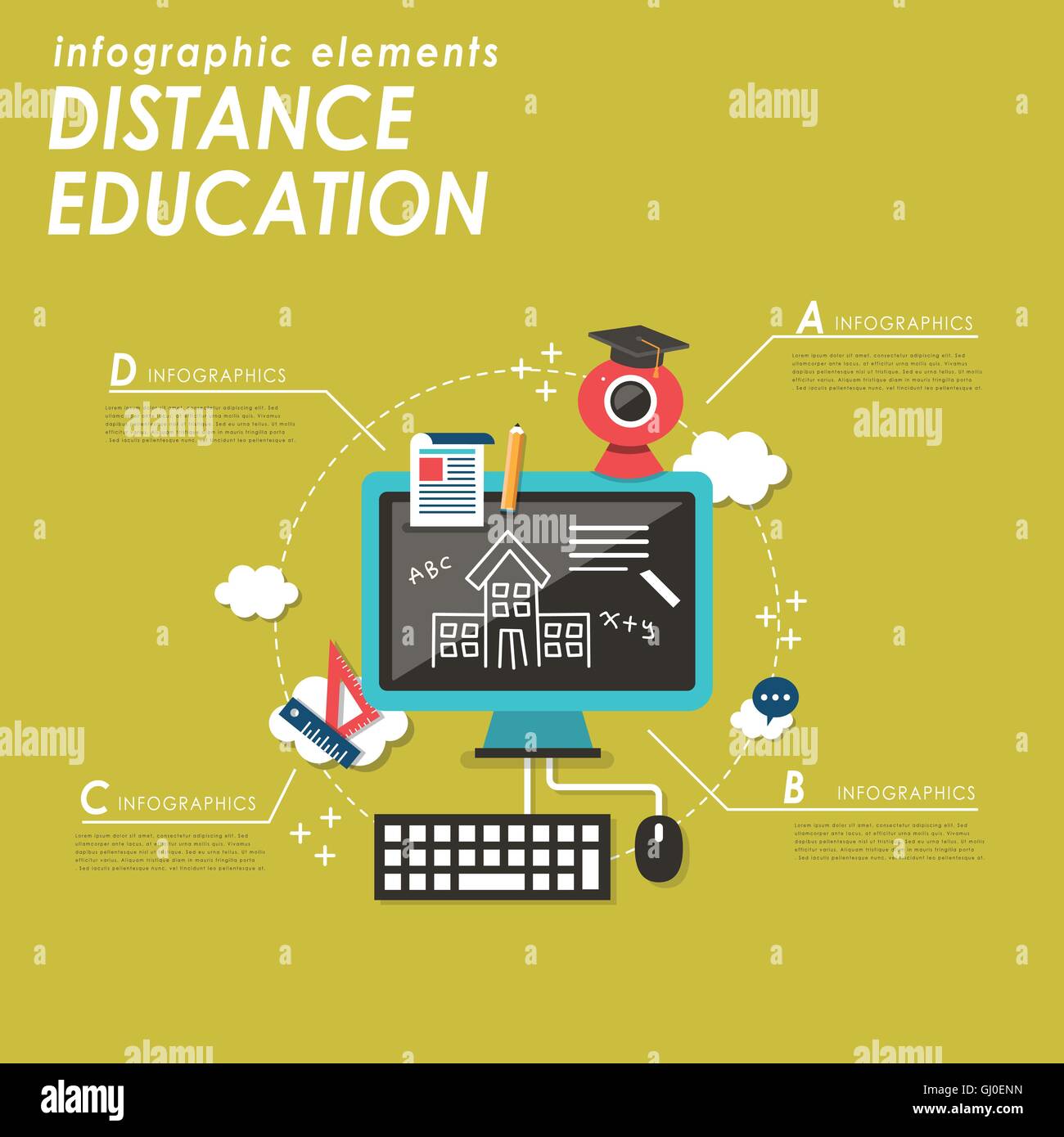 Distance education concept flat design with devices and stationery ...