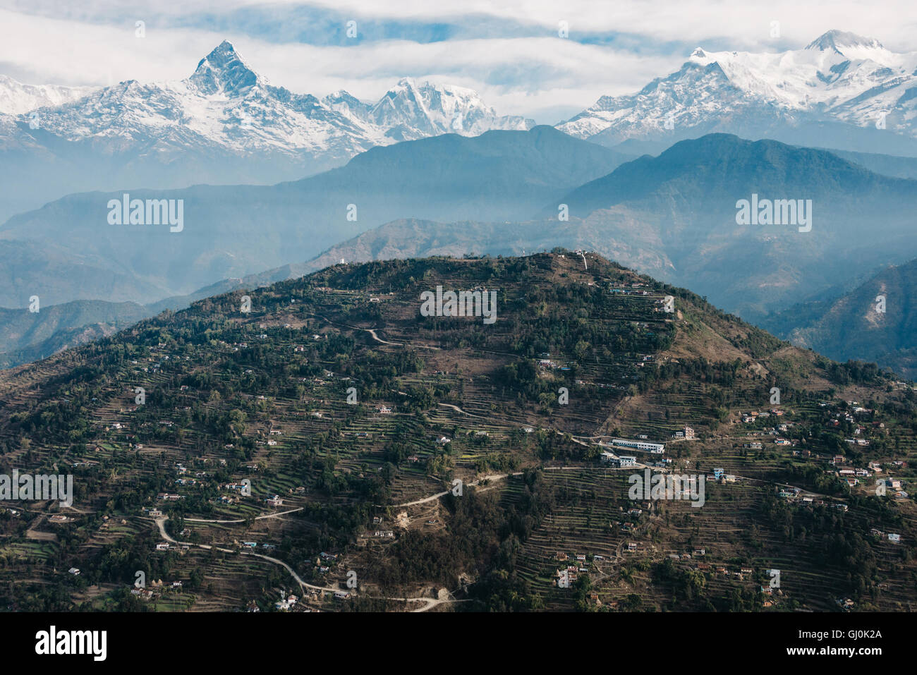 Sarangkot hill and the Machapuchare aerial view, Nepal Stock Photo - Alamy