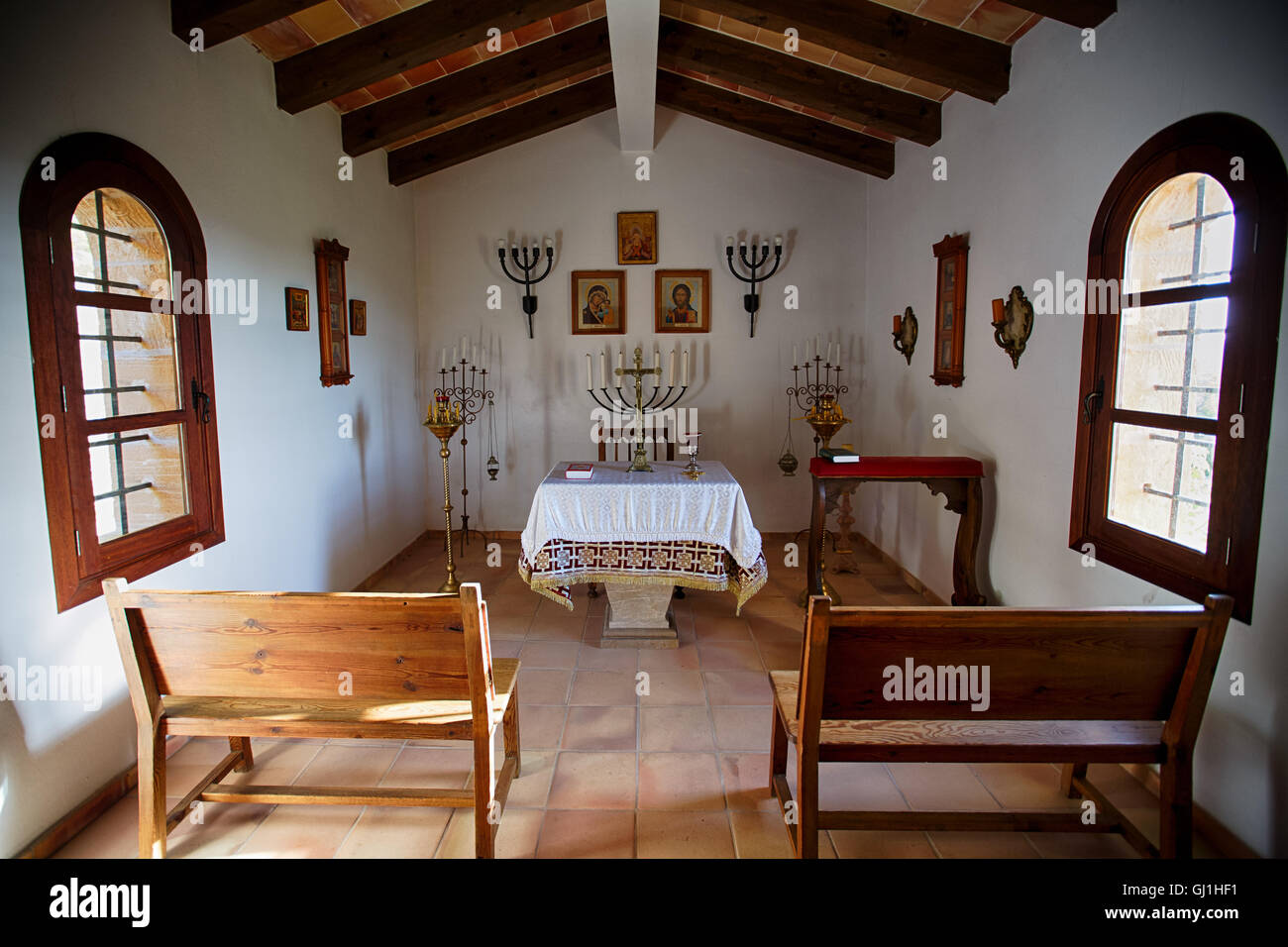 Interior of private church at the spanish real estate of Mediterranean ...