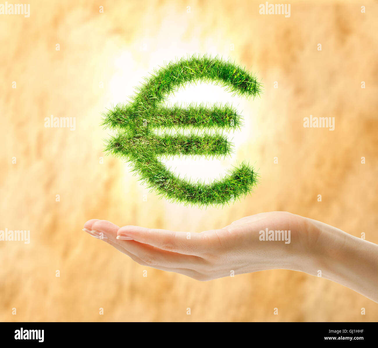 Female hand holding euro sign made of green grass Stock Photo - Alamy