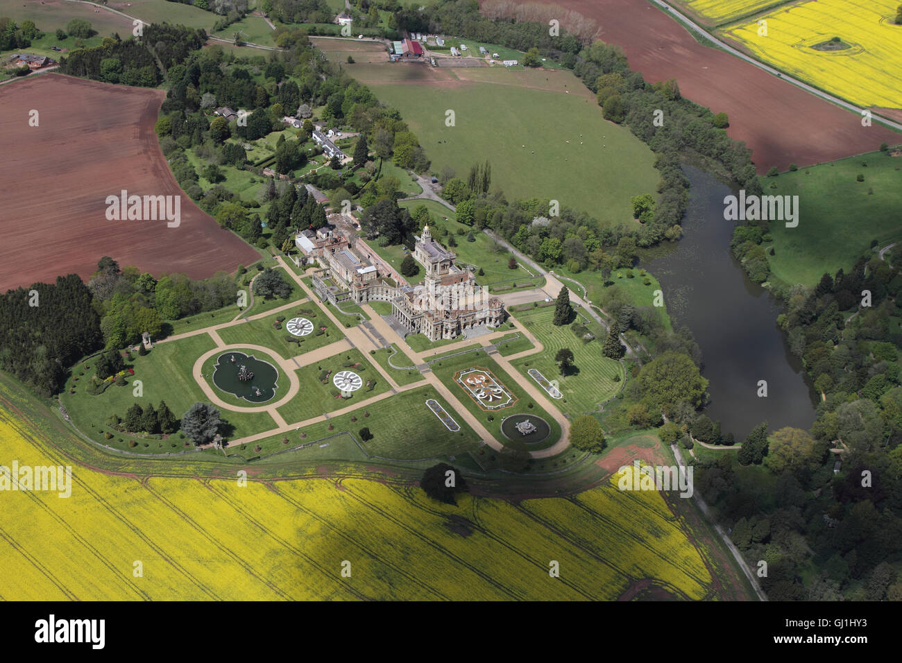 Aerial views of English Heritage Witley Court and gardens near Great ...