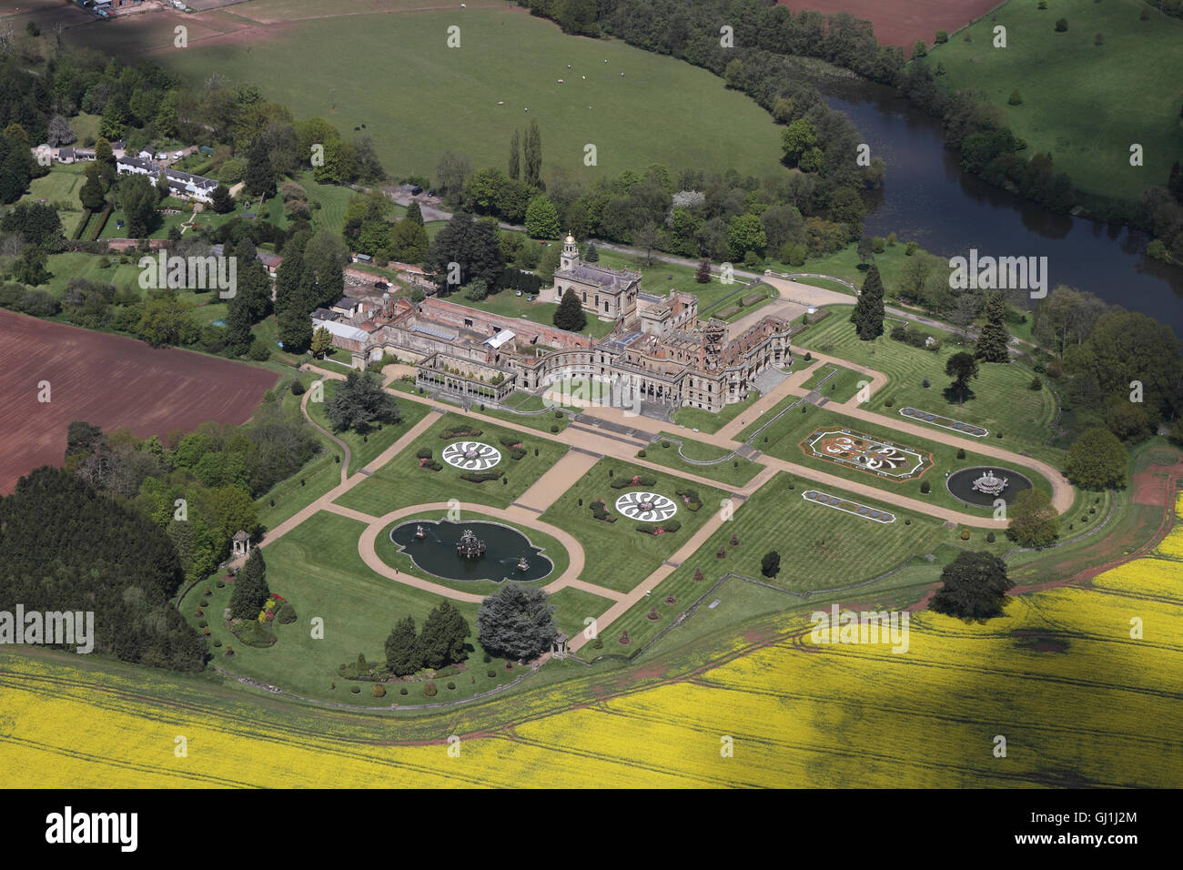 Aerial views of English Heritage Witley Court and gardens near Great ...