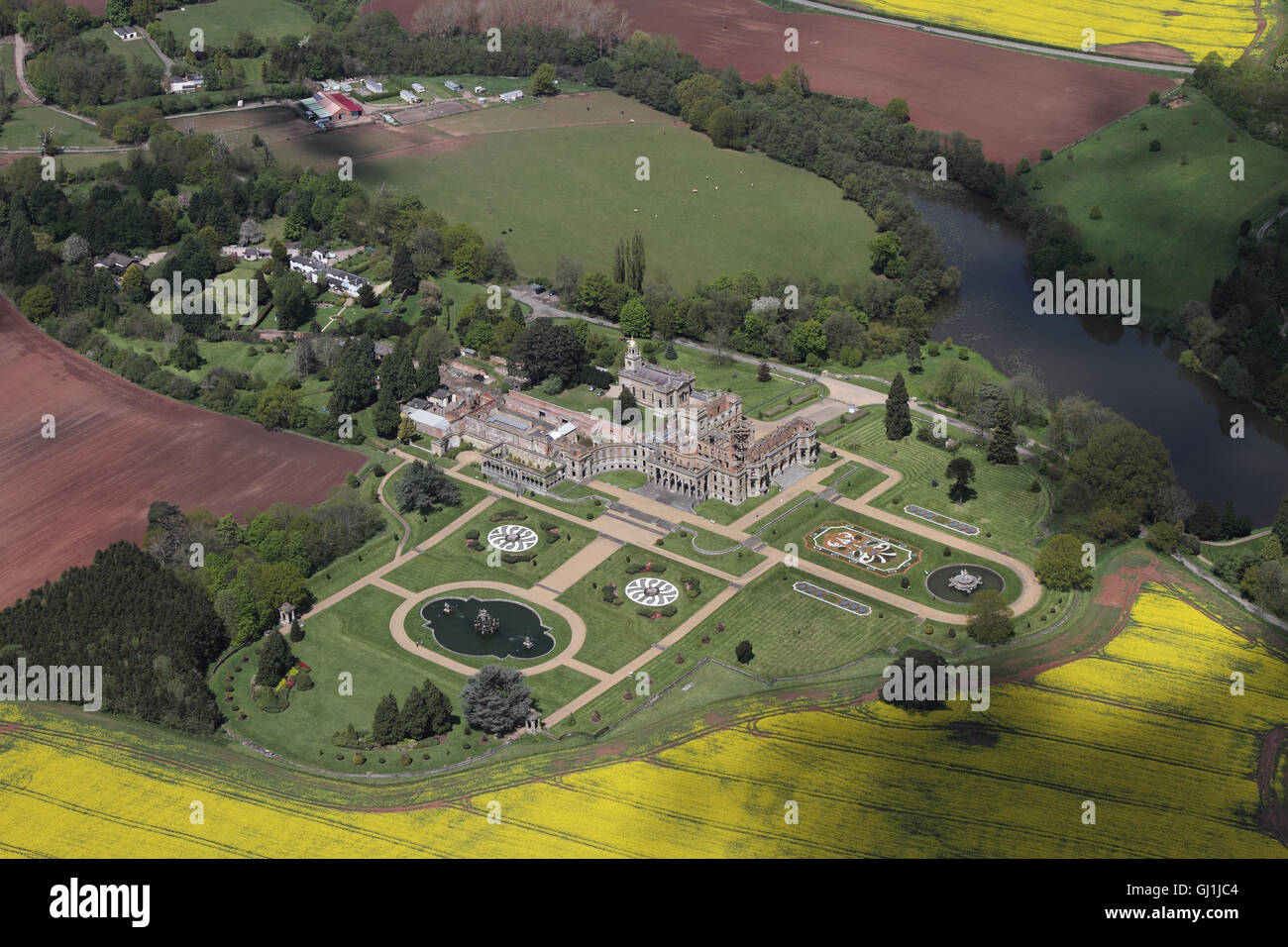 Aerial views of English Heritage Witley Court and gardens near Great ...