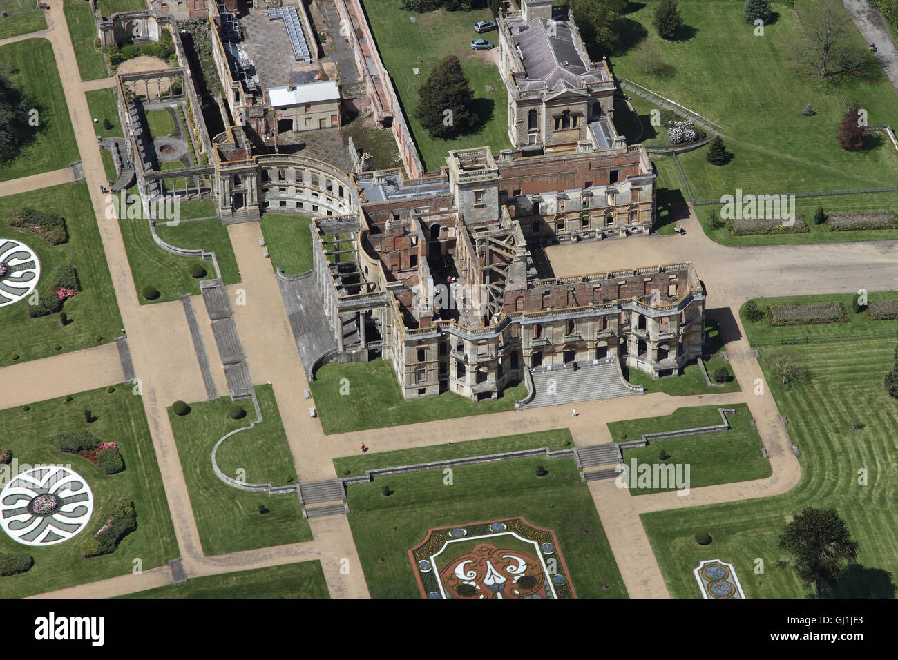 Aerial views of English Heritage Witley Court and gardens near Great ...