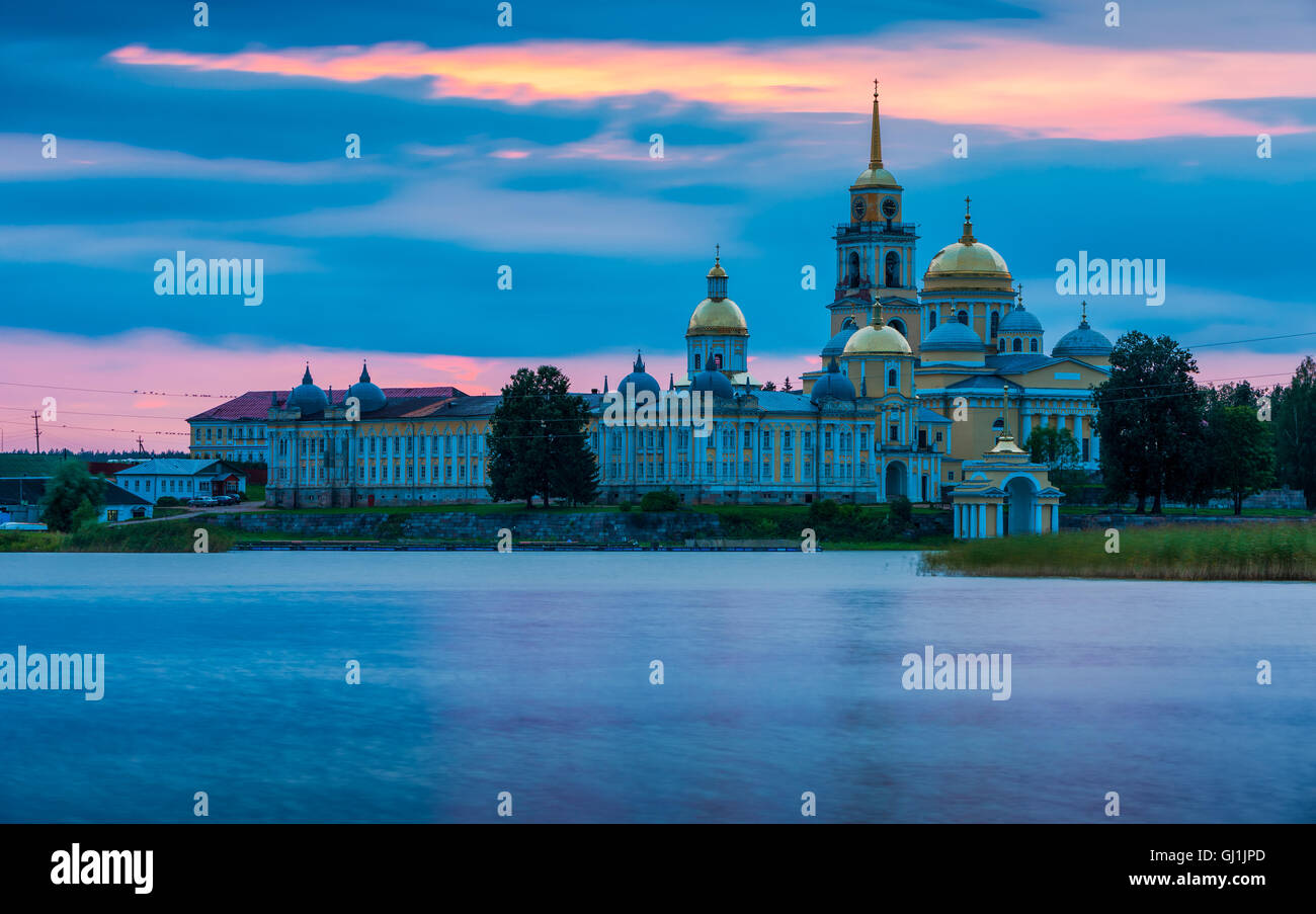 Nilov Monastery at sunset.Nilov Monastery is situated on Stolobny ...