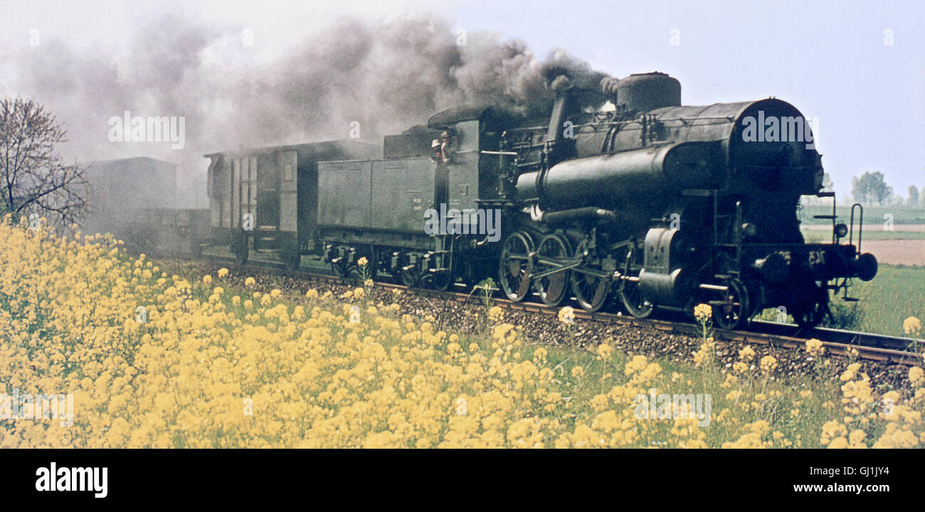Italian Railways Franco Crosti-boilered Class 742 2-8-0 No. 301 leads a ...
