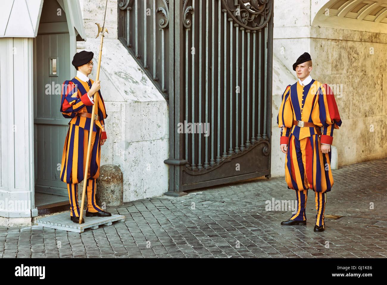 Rome, Italy - August 28, 2012: Swiss Guards in their traditional ...