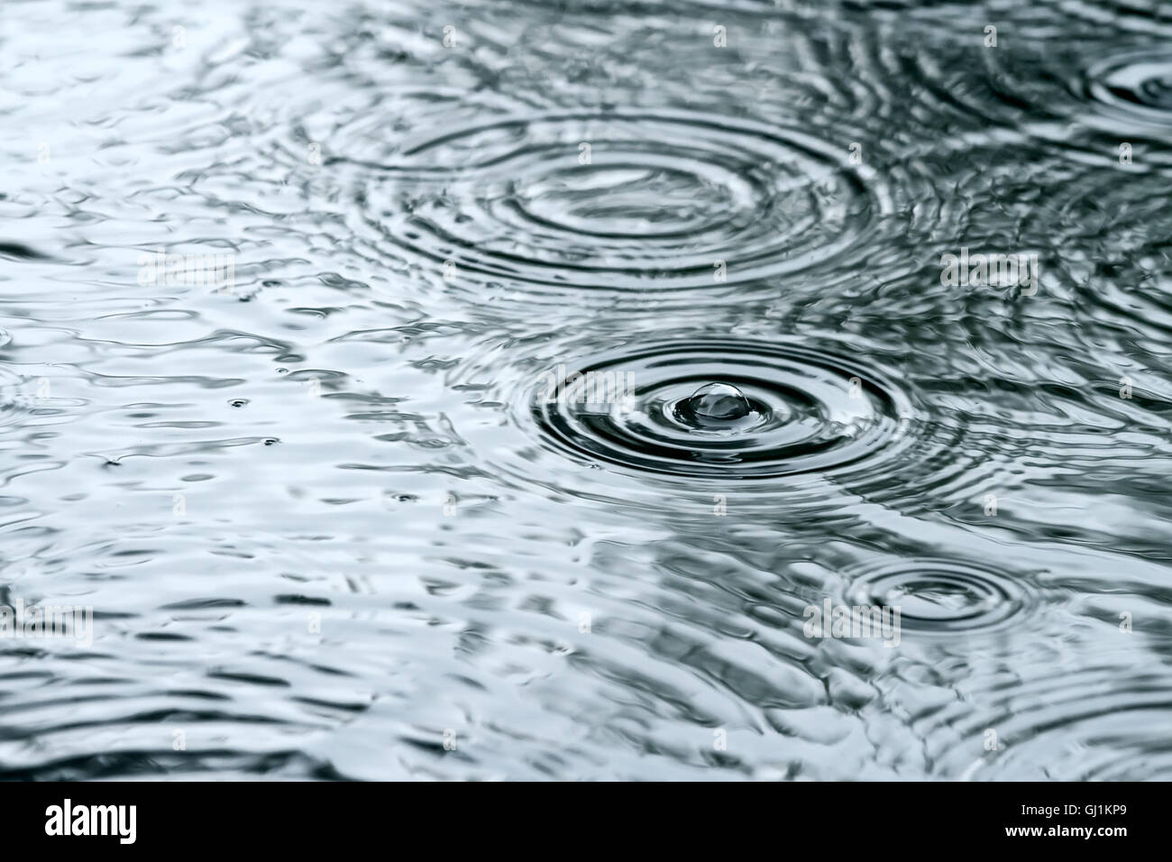 Rain drops rippling in a puddle with reflection Stock Photo - Alamy