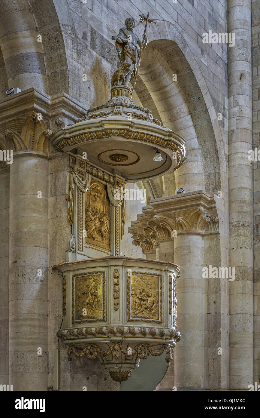 Alba Iulia, Romania - July 24, 2016: Stone pulpit with golden bass ...