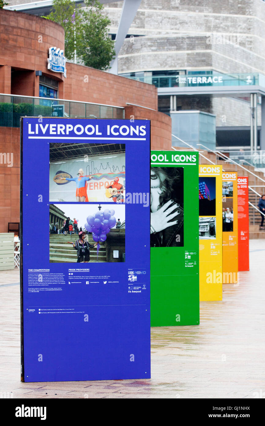 Liverpool One, Signs and stands in various colours illustrating the ...