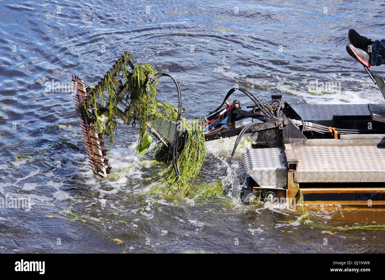 mini dredger is clearing lake algae summer day Stock Photo - Alamy
