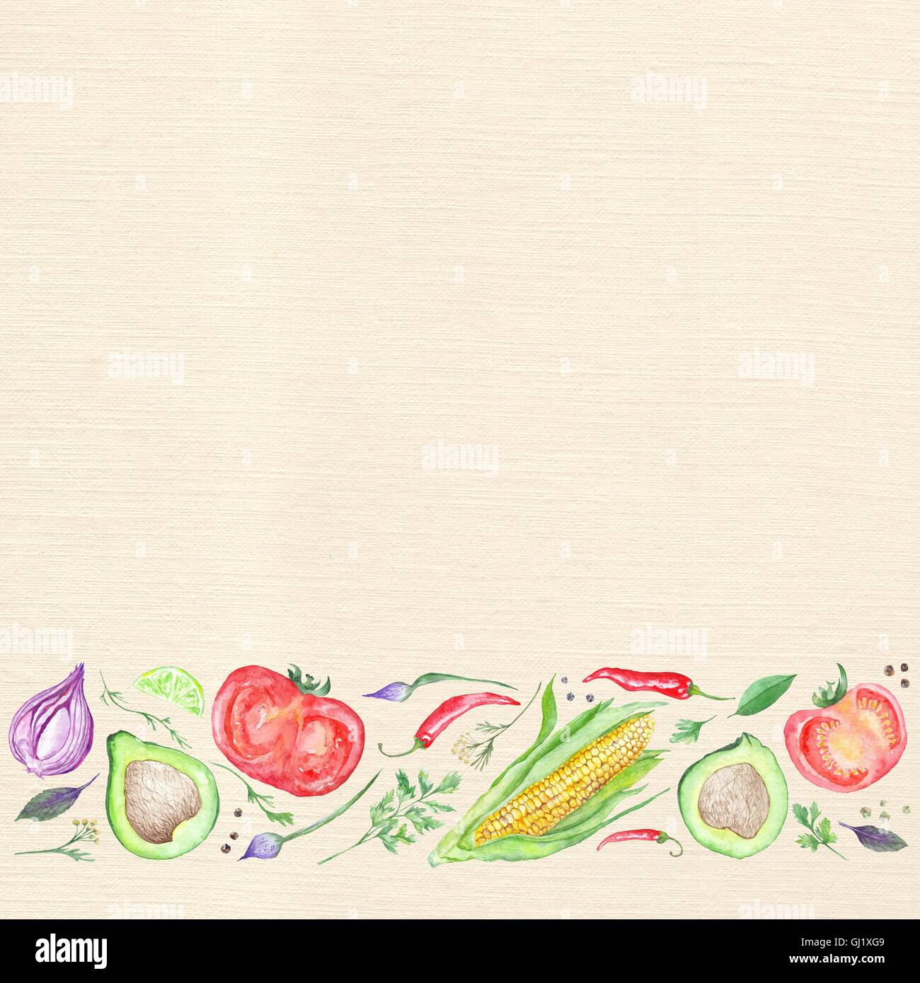 Menu page template with watercolor vegetarian ingredients stripe Stock ...