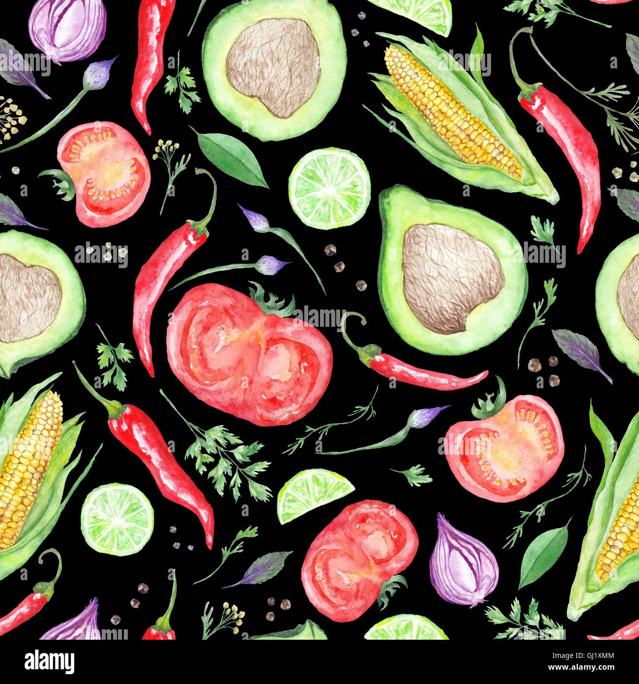 Seamless texture with detailed hand-painted vegetables and spices on ...
