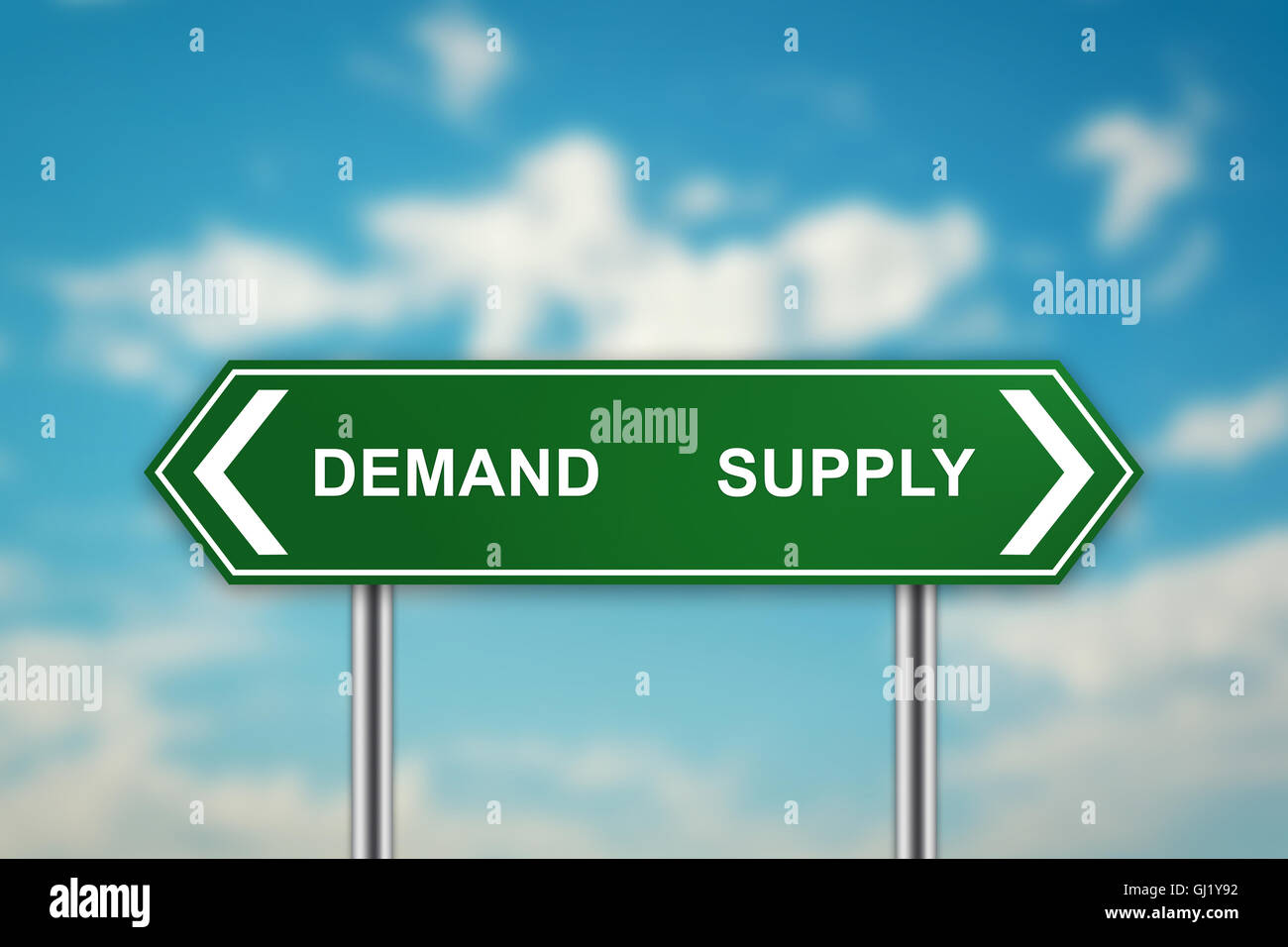demand and supply on green road sign with blurred blue sky Stock Photo ...