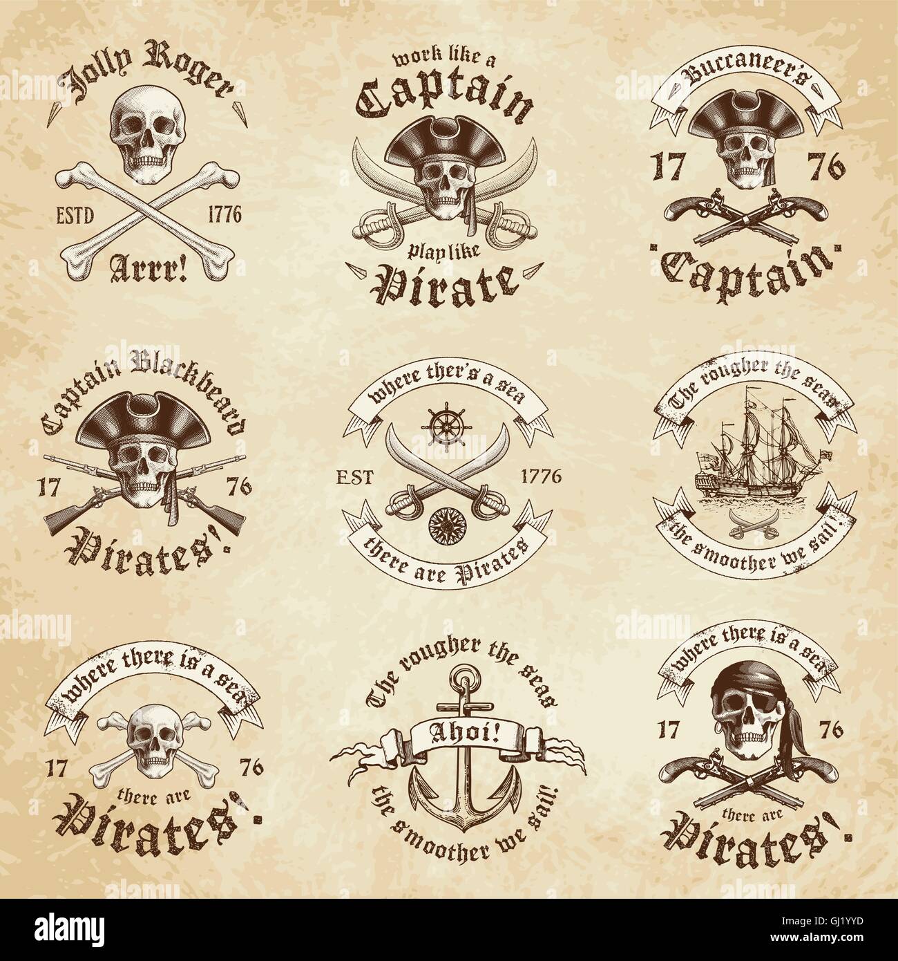 Collection of Nine Pirate Logos and Insignias with a vintage Grunge ...
