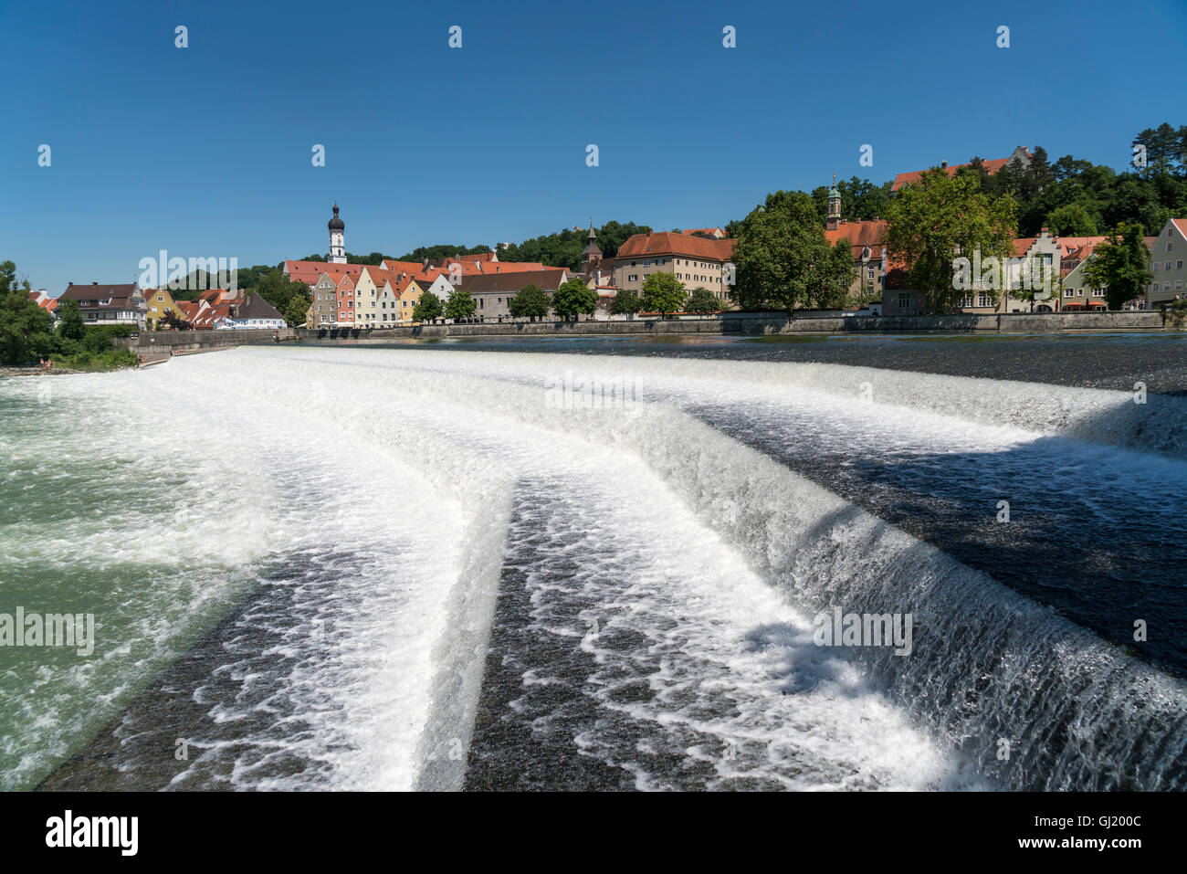 Lech weir and the historic centre of Landsberg am Lech, Upper-Bavaria ...