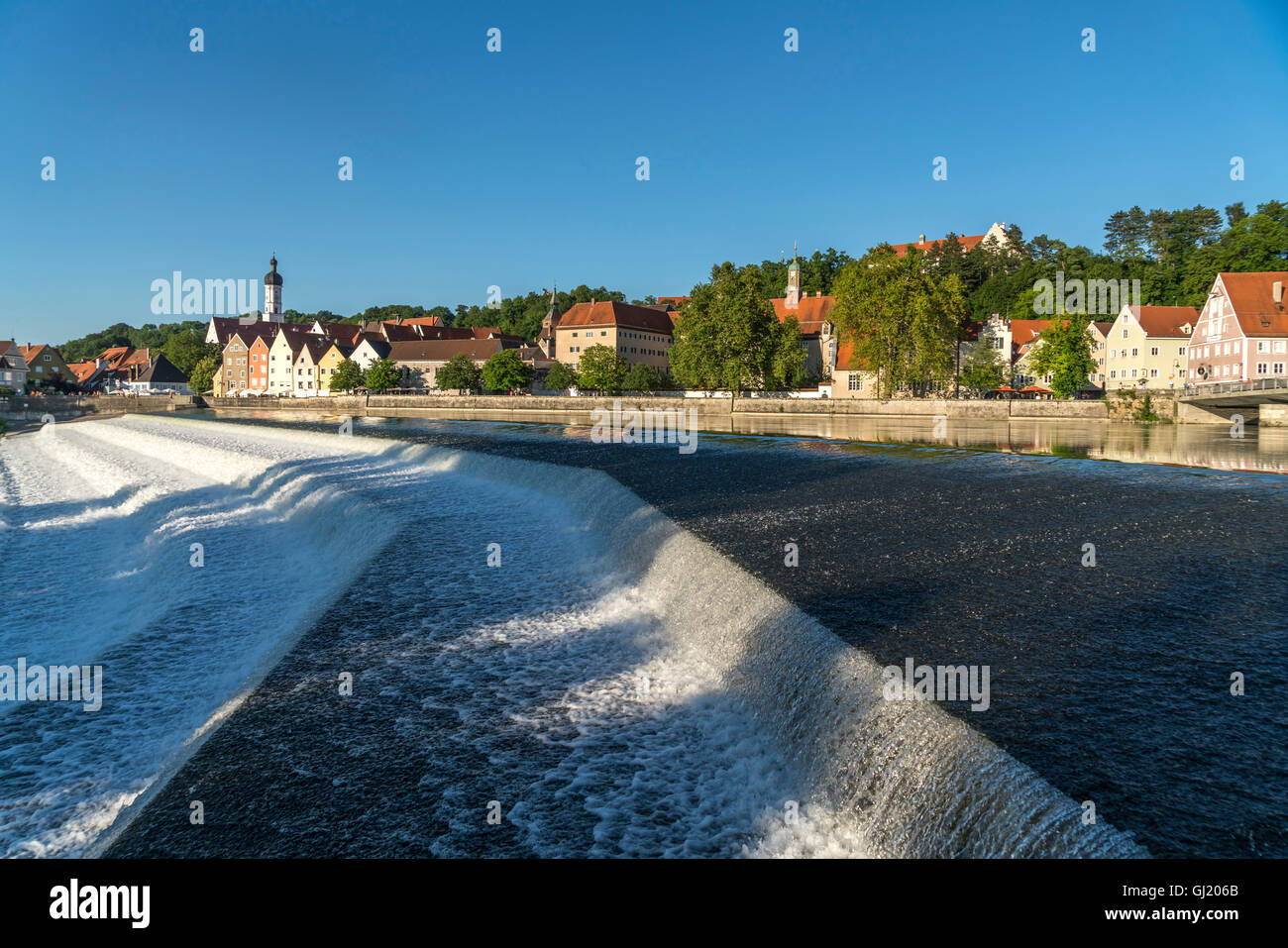 Lech weir and the historic centre of Landsberg am Lech, Upper-Bavaria ...
