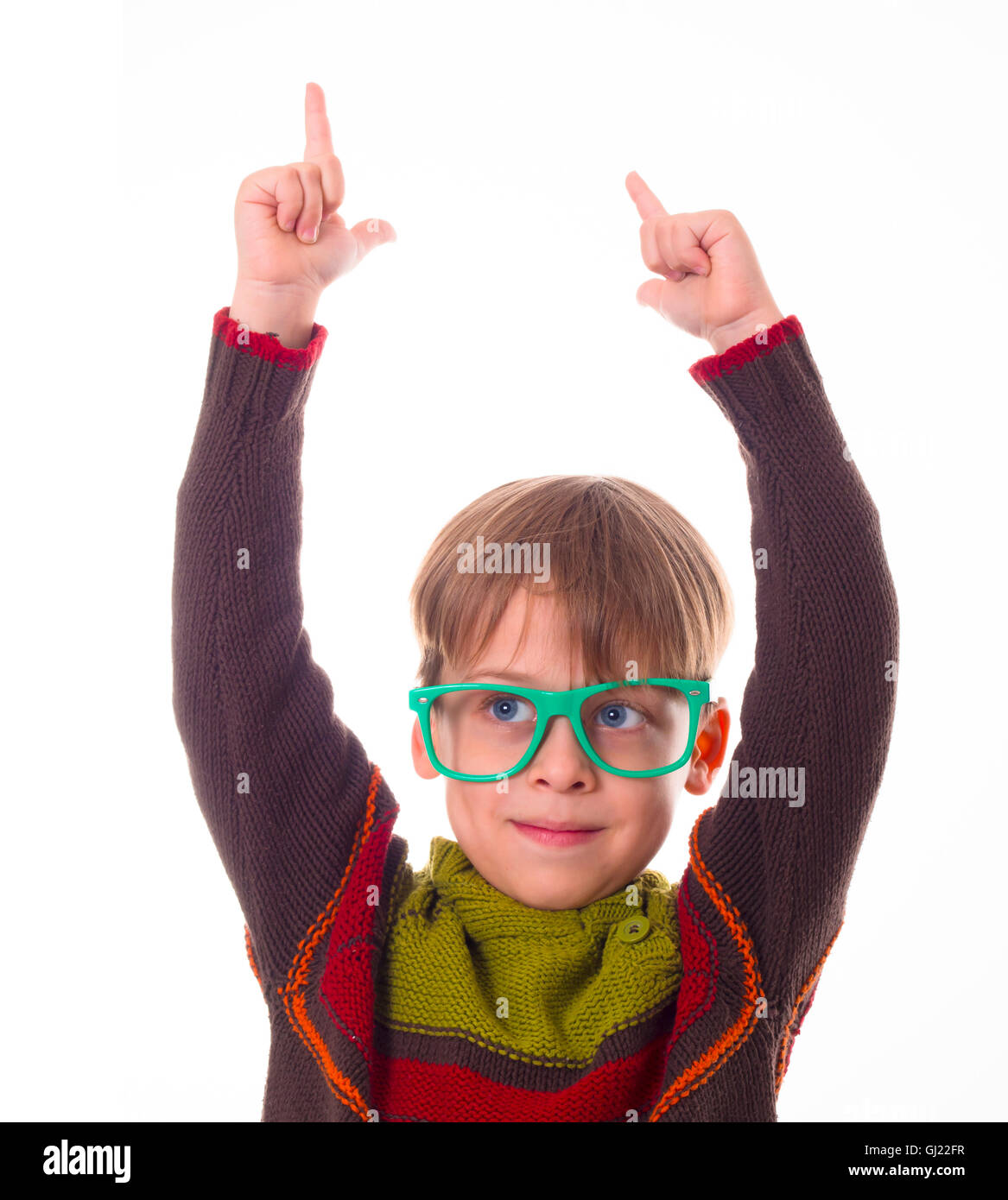 boy pointing out with place for your text Stock Photo - Alamy