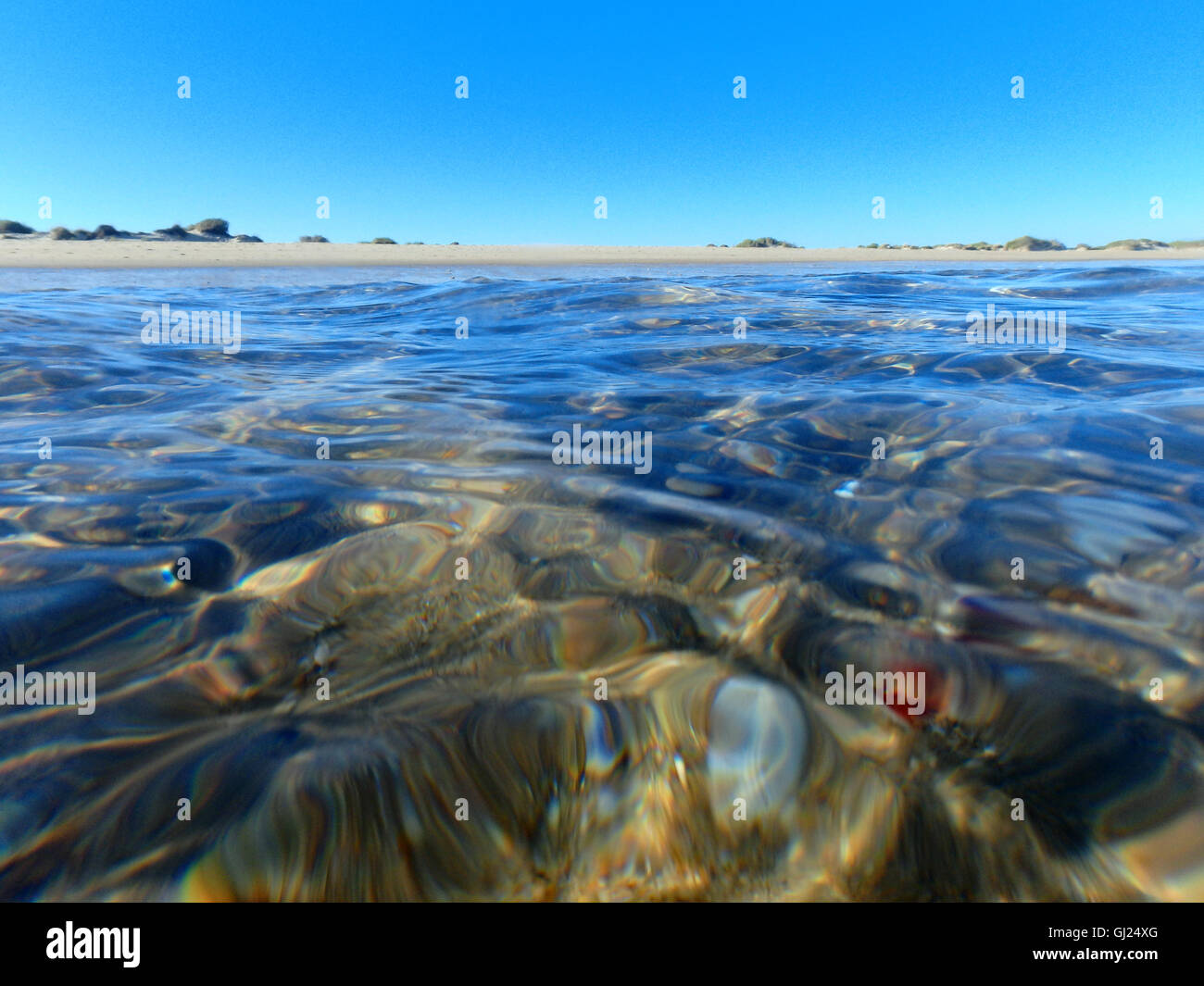 Water, sand, pebbles, shells and dunes. View of the sea shores from the ...