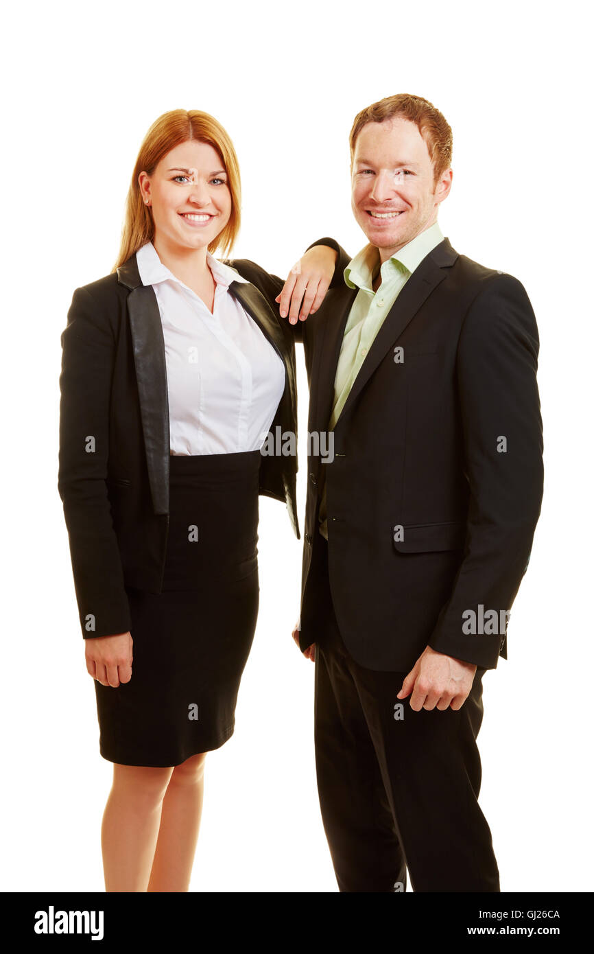 Two content business people smiling as a team Stock Photo - Alamy