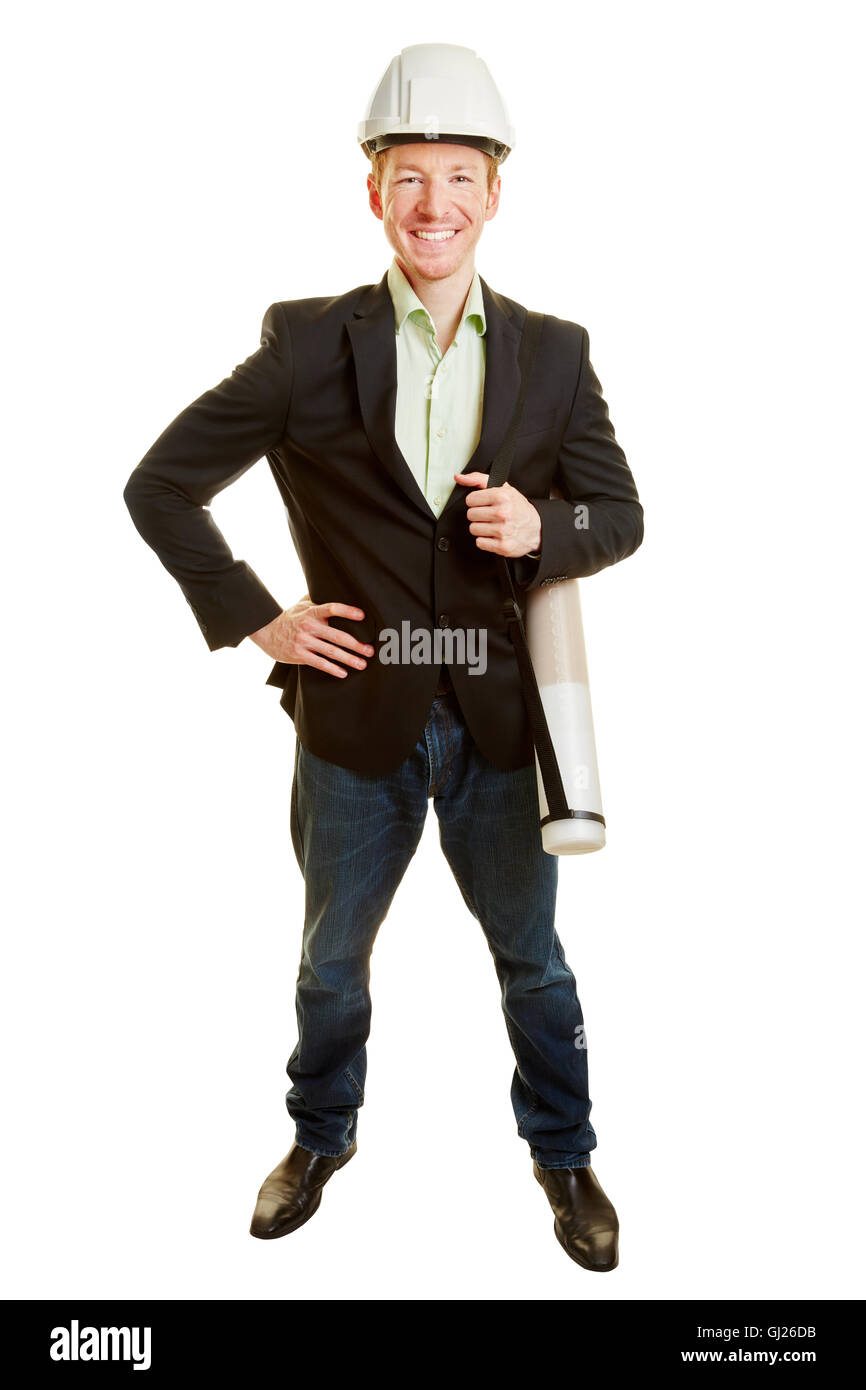 Engineer standing on a white background and smiling Stock Photo - Alamy